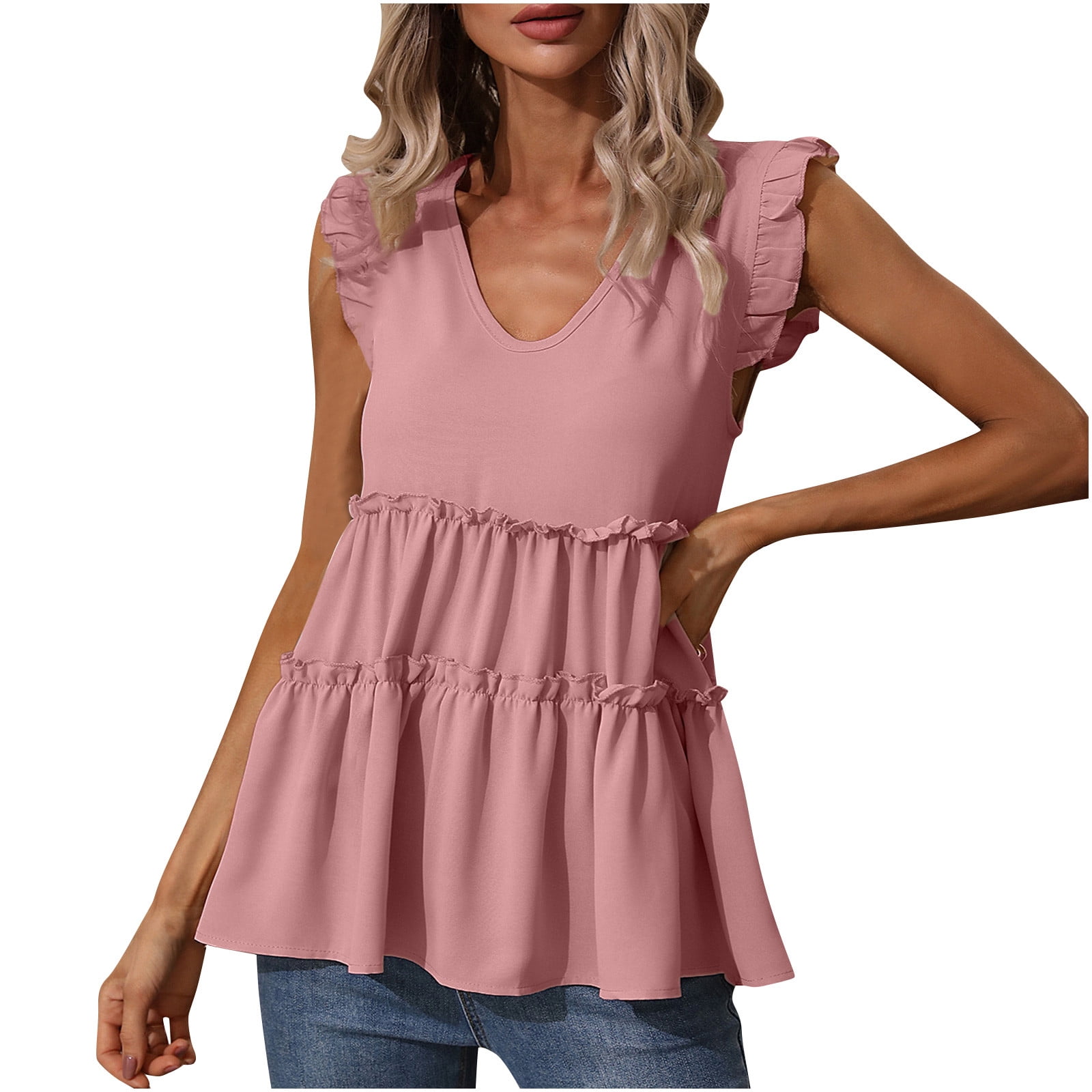 HAPIMO Women's Babydoll Pullover Dressy Tunic Clearance Solid Color Ruffle Sleeve V Neck Shirts ...