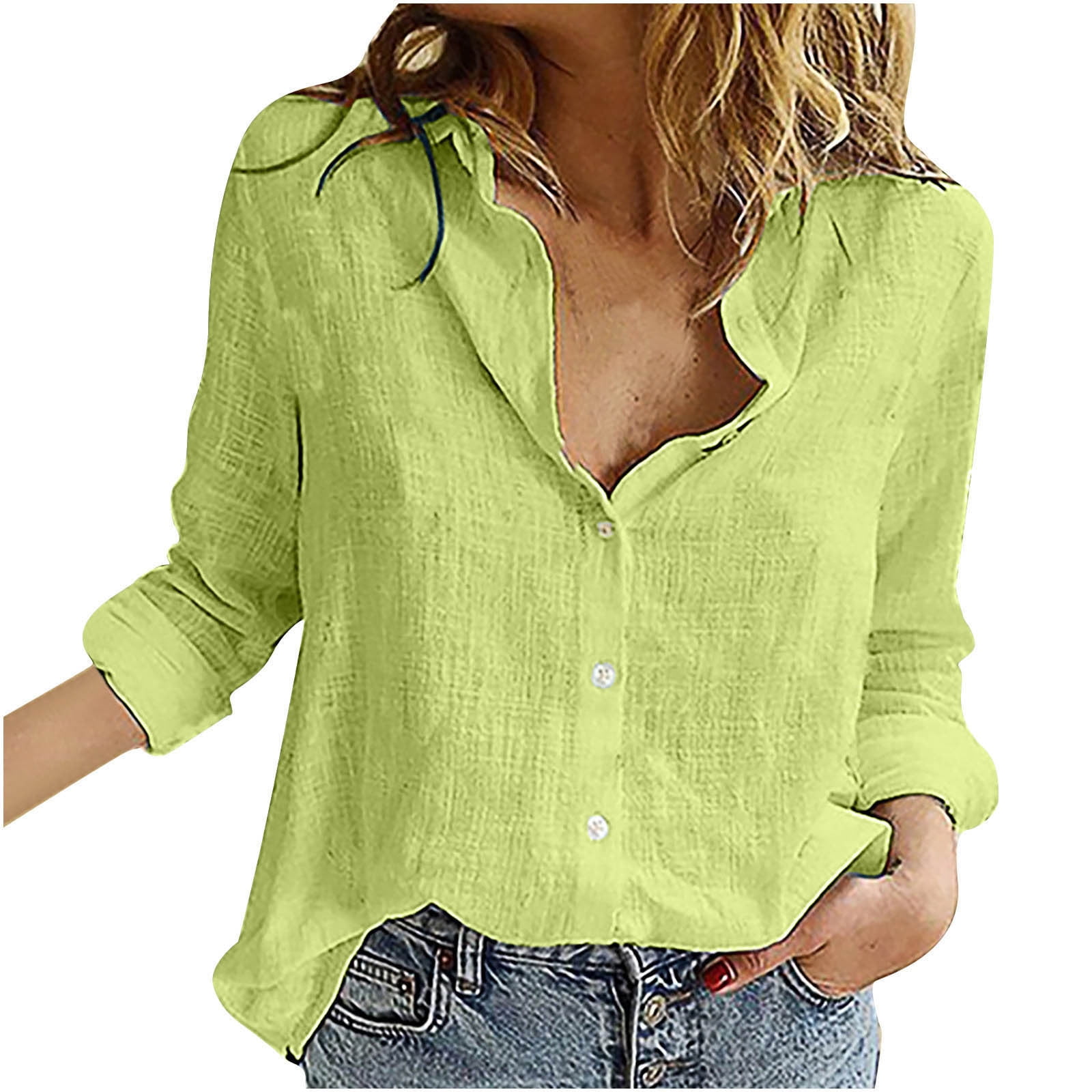HAPIMO Women's Cotton Linen Loose Shirts Trendy Long Sleeve Clothing Solid Tees Autumn Fit ...