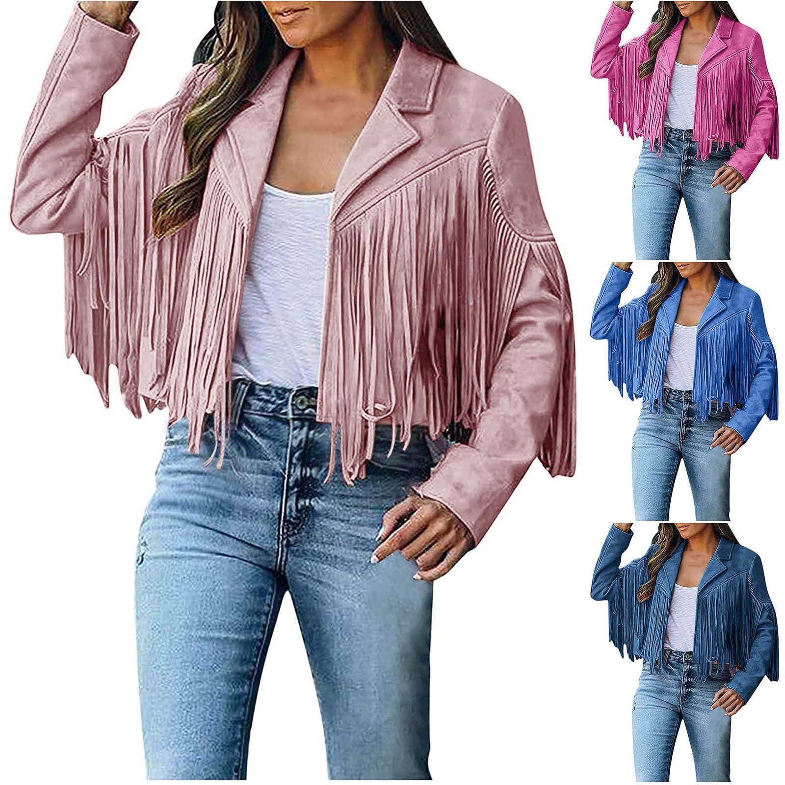 HAPIMO Women's Cropped Fringe Jacket Faux Suede Leather Long Sleeve ...