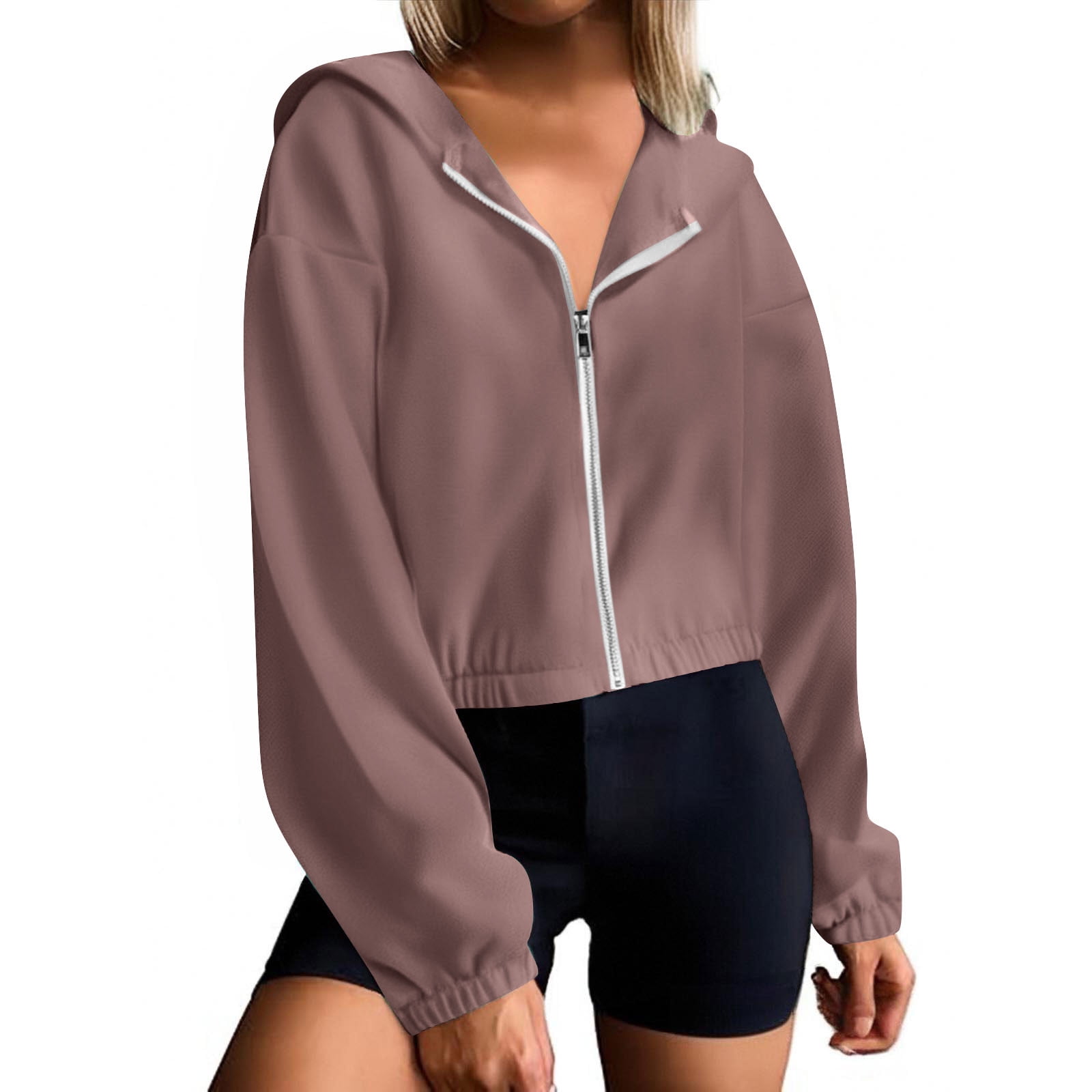 HAPIMO Women's Cropped Hoodies Casual Long Sleeve Zip Up Jacket Coat Loose Solid Pocket Crop ...