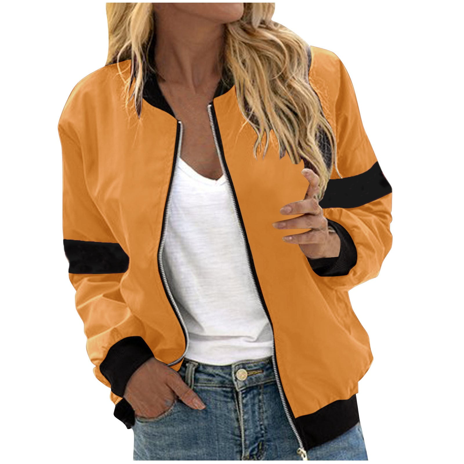 HAPIMO Women's Flight Jacket Fall Casual Coat Color Block Zip Up Jacket ...
