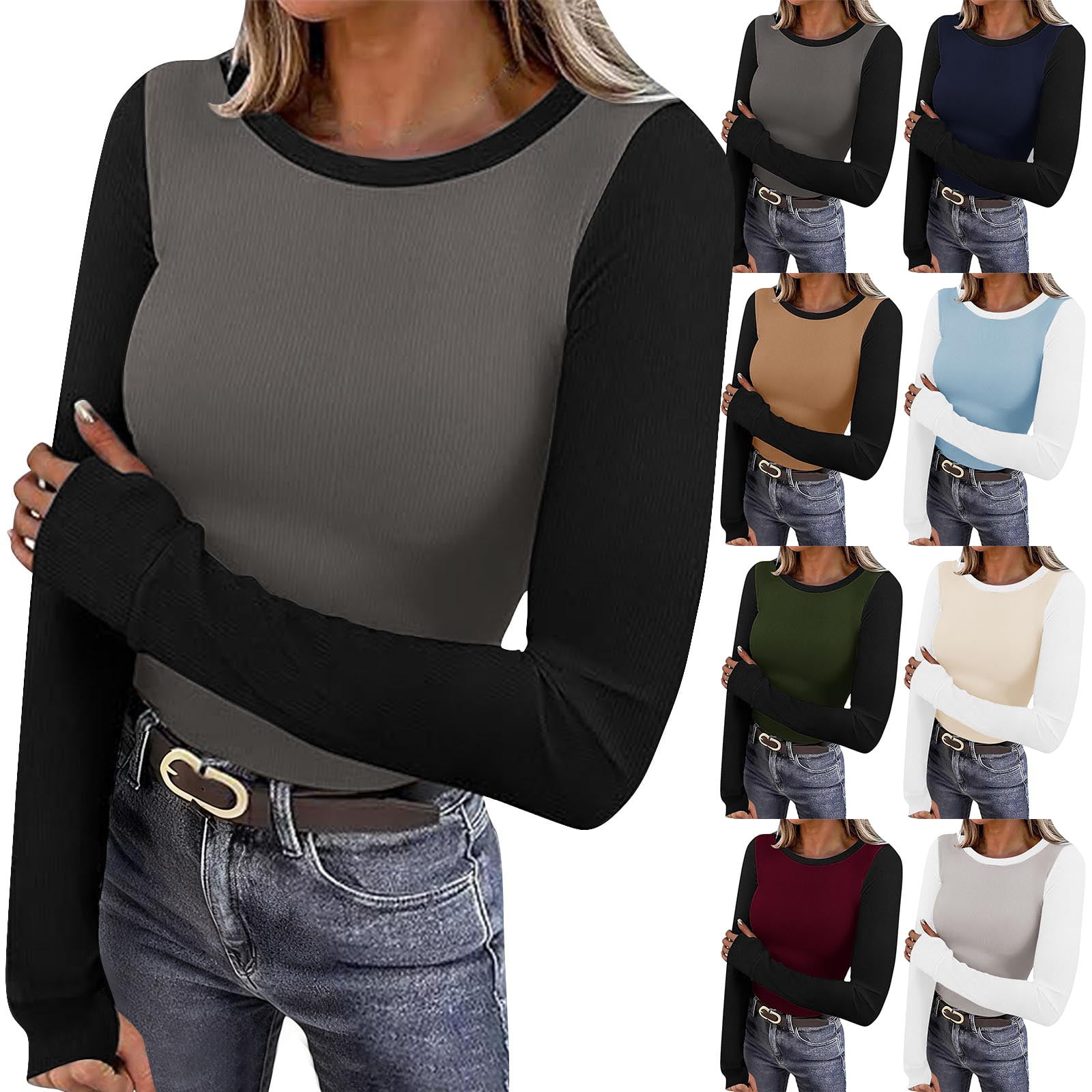 HAPIMO Women's Long Sleeve Shirts Slim Fit Stretchy Slightly Cropped ...