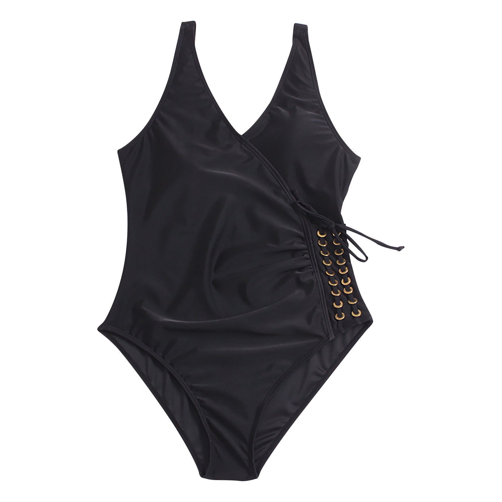 HAPIMO Women's One-Piece Monokini Solid Color Button Lacing Hide Belly ...