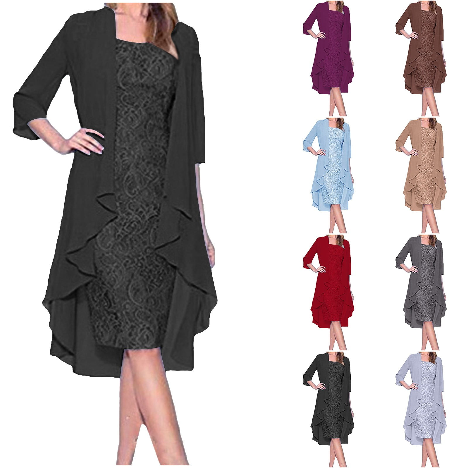 HAPIMO Women's Plus Size Chiffon Dress Sets Floral Lace Splicing ...