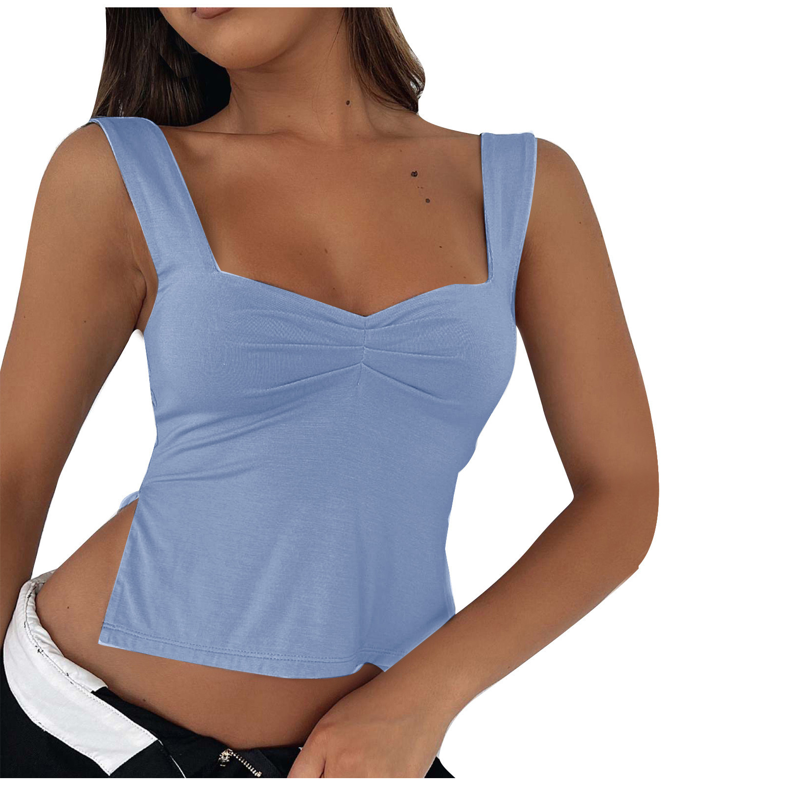 HAPIMO Women's Slim Basic Tank Crop Tops Clearance V Neck Shirts for Teen Girls Ruched Summer ...