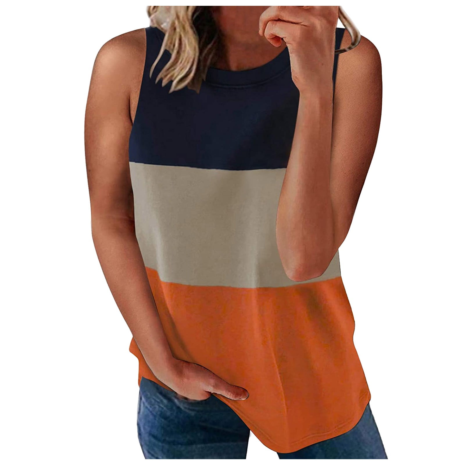 HAPIMO Women's Summer Tank Tops O-Neck Blouse Colorblock Stripe Print Tops Casual Loose Fit ...