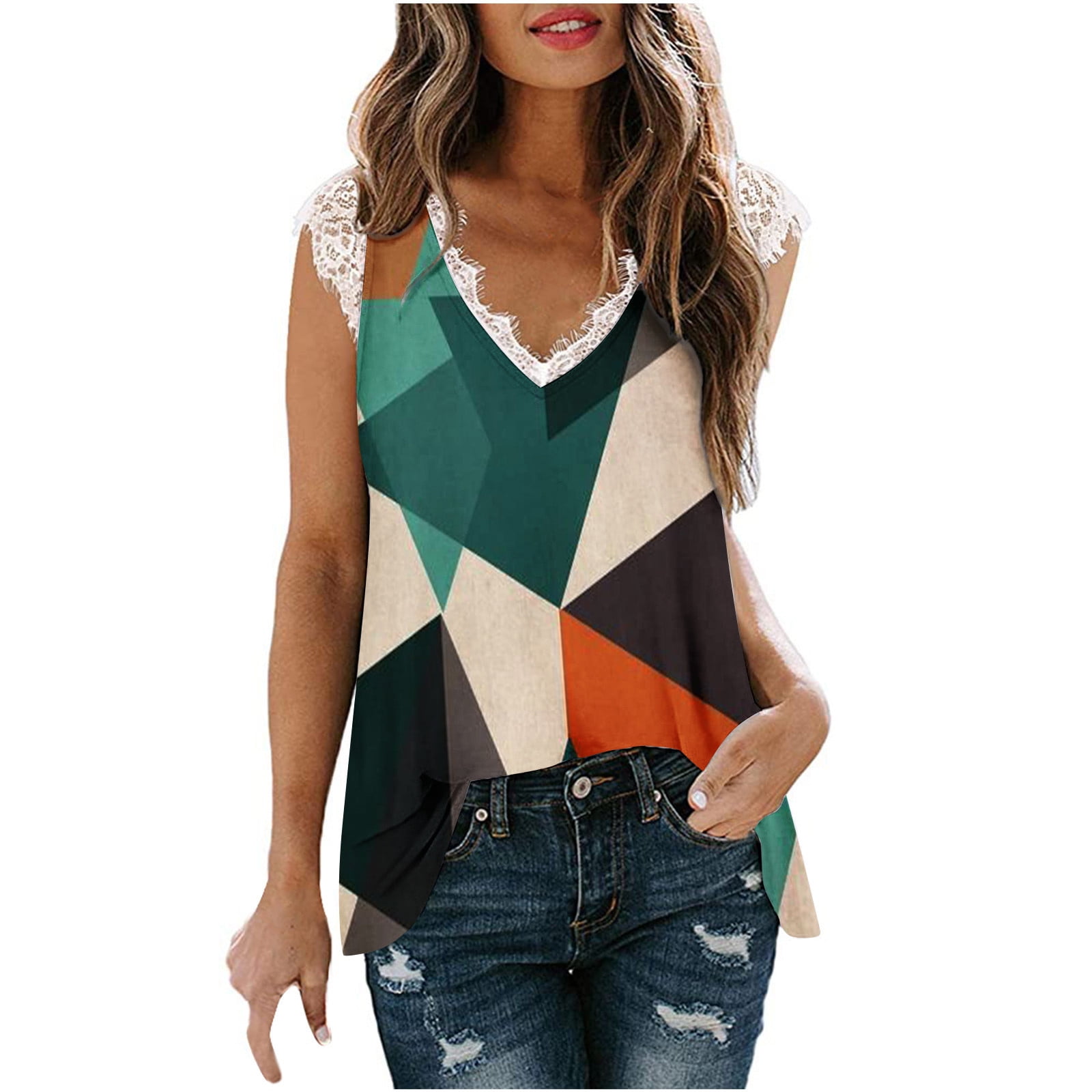 HAPIMO Women's Summer Tank Tops Sleeveless Shirts for Girls Casual Slim Camis V-Neck Blouse Lace ...