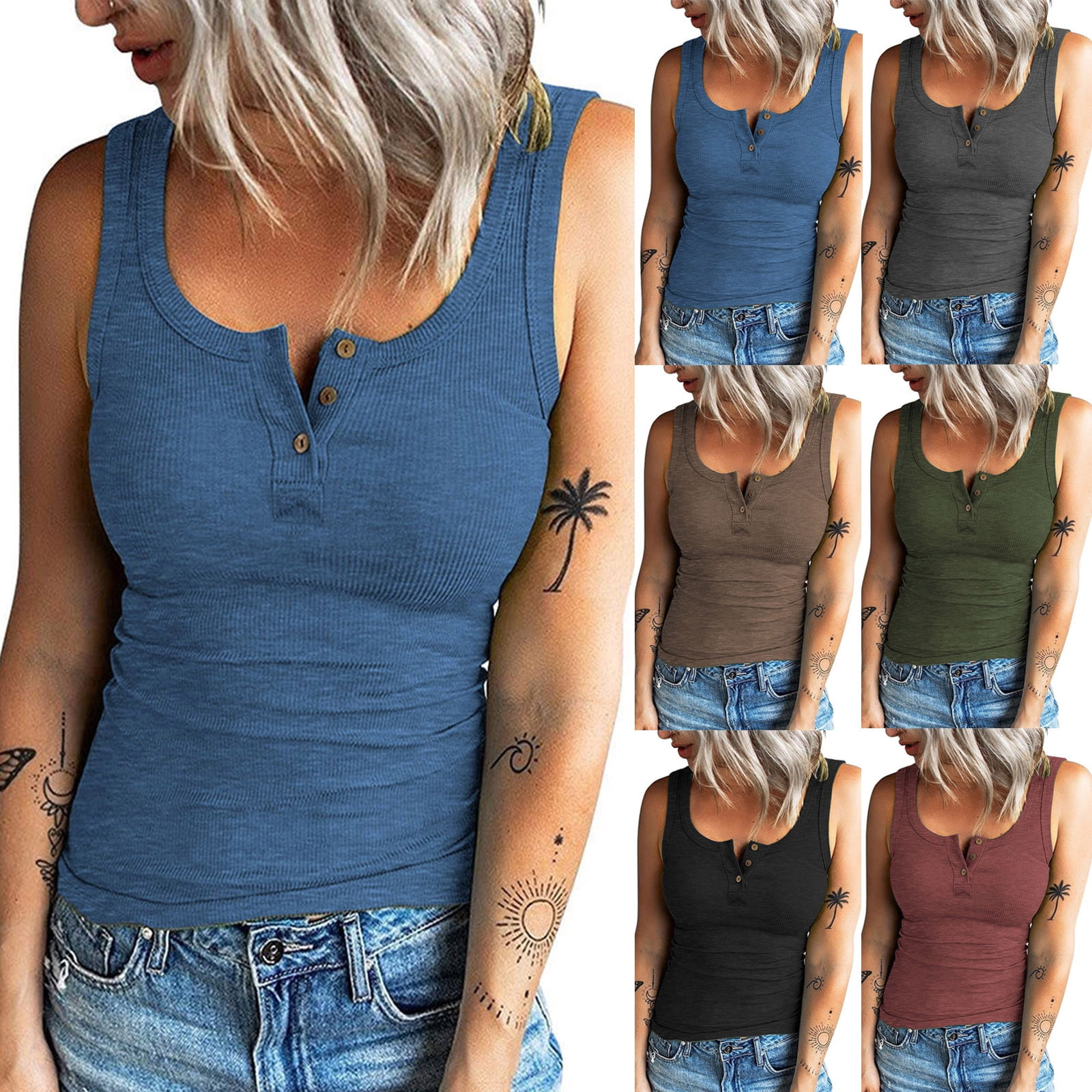 HAPIMO Women's Summer Tank Tops Sleeveless Shirts for Girls Square Neck Blouse Front Button ...