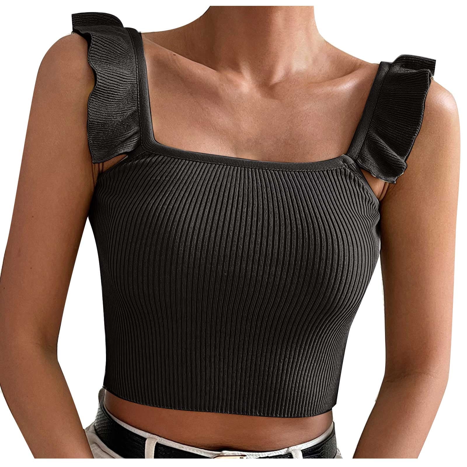 HAPIMO Women's Summer Tank Tops Solid Color Print Tops Square Neck Blouse Ruffle Ruched Trim ...