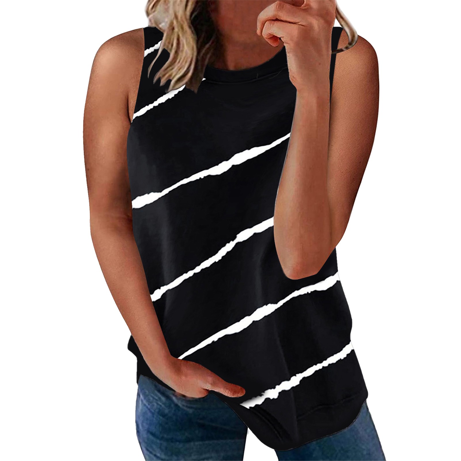 HAPIMO Women's Summer Tank Tops Stripe Print Tops Casual Relaxed Fit Camis Vest O-Neck Blouse ...