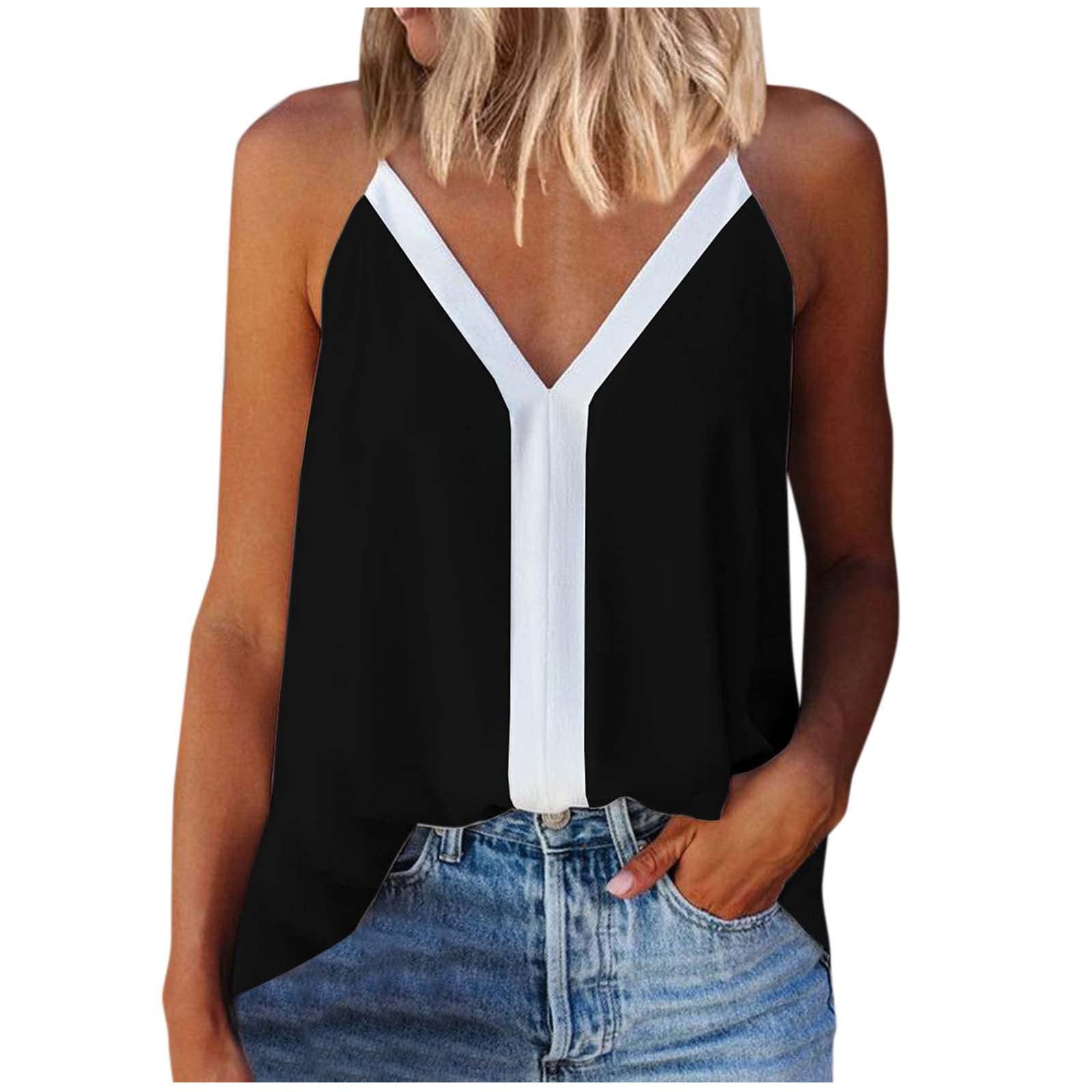 HAPIMO Women's Summer Tank Tops V-Neck Blouse Colorblock Print Tops Sleeveless Shirts for Girls ...