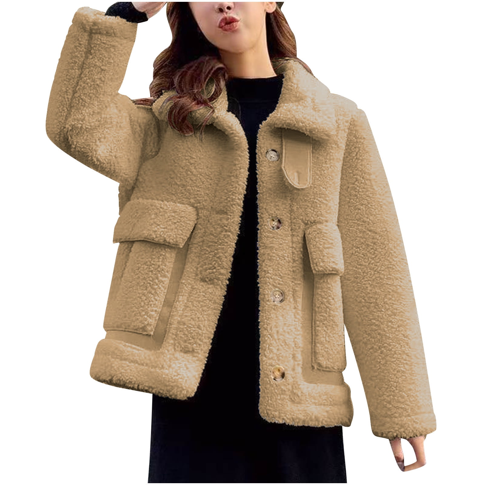 HAPIMO Women's Thick Fleece Coats Casual Comfy Long Sleeve Lapel Collar Button Down Jacket Solid ...