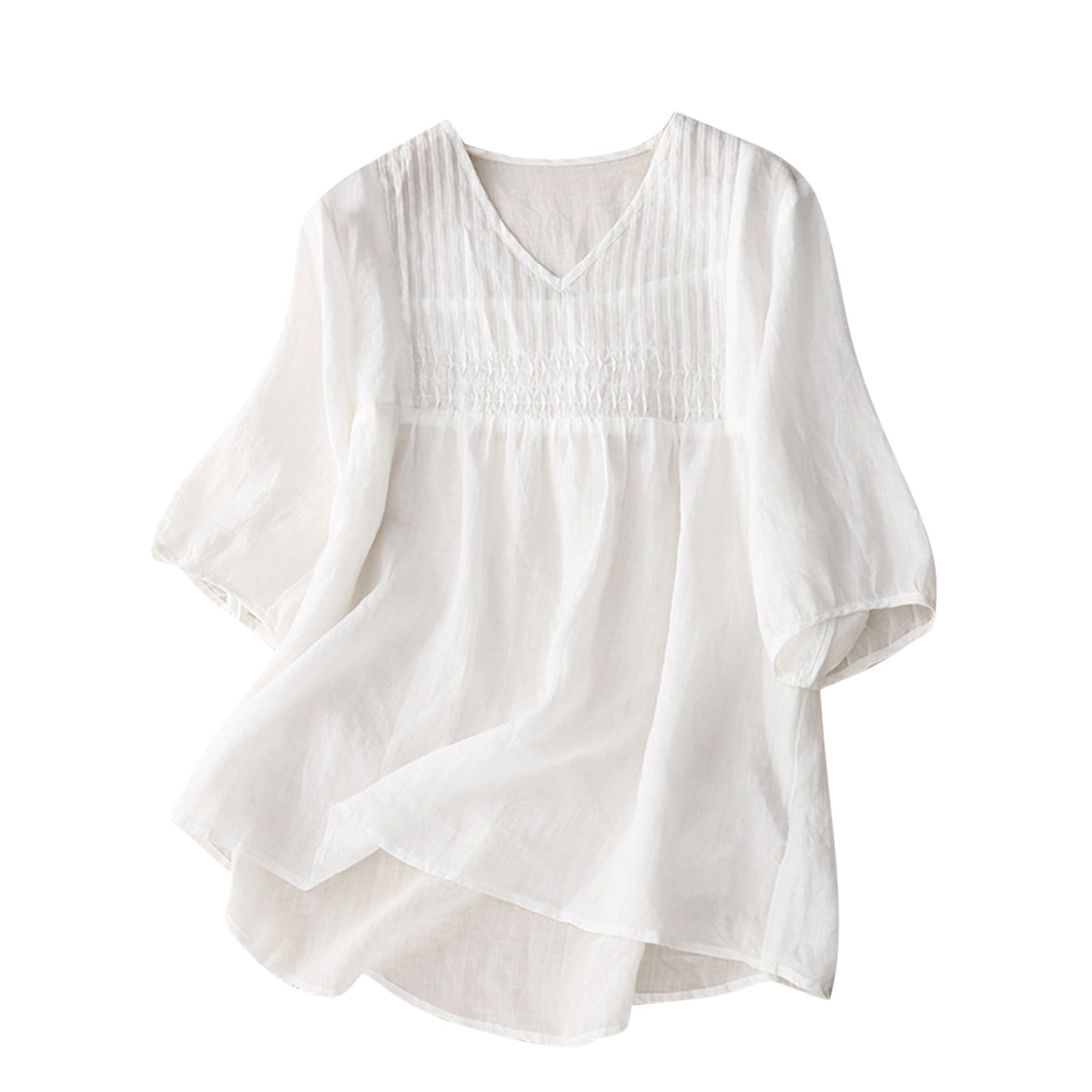 HAPIMO Women's Trendy Cotton Linen Loose Tops Clearance Solid Color Ruched Summer Tees 3/4 ...