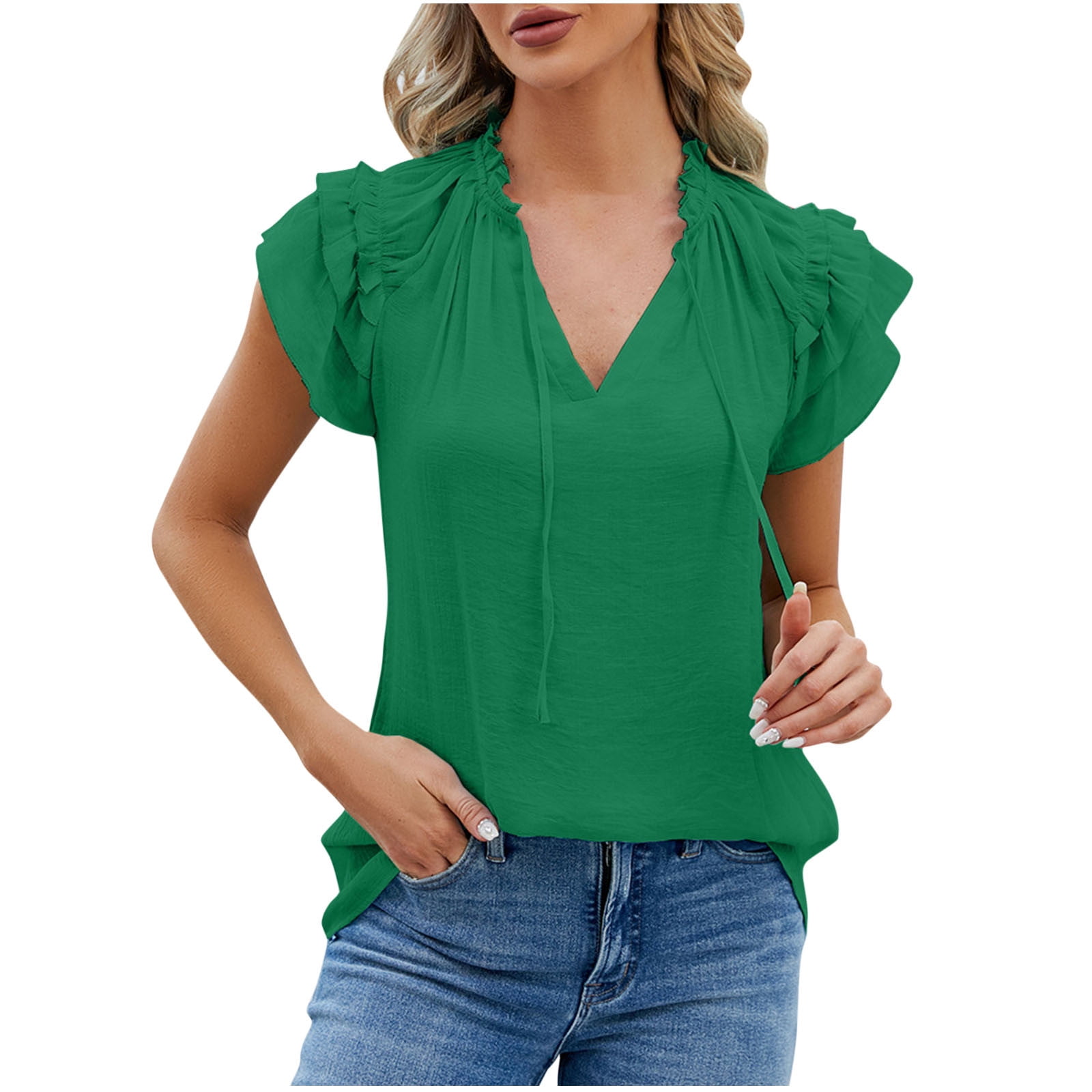HAPIMO Women's Trendy Loose Tops Tunic Solid Color Summer Tees Ruffle Sleeve V Neck Pullover ...