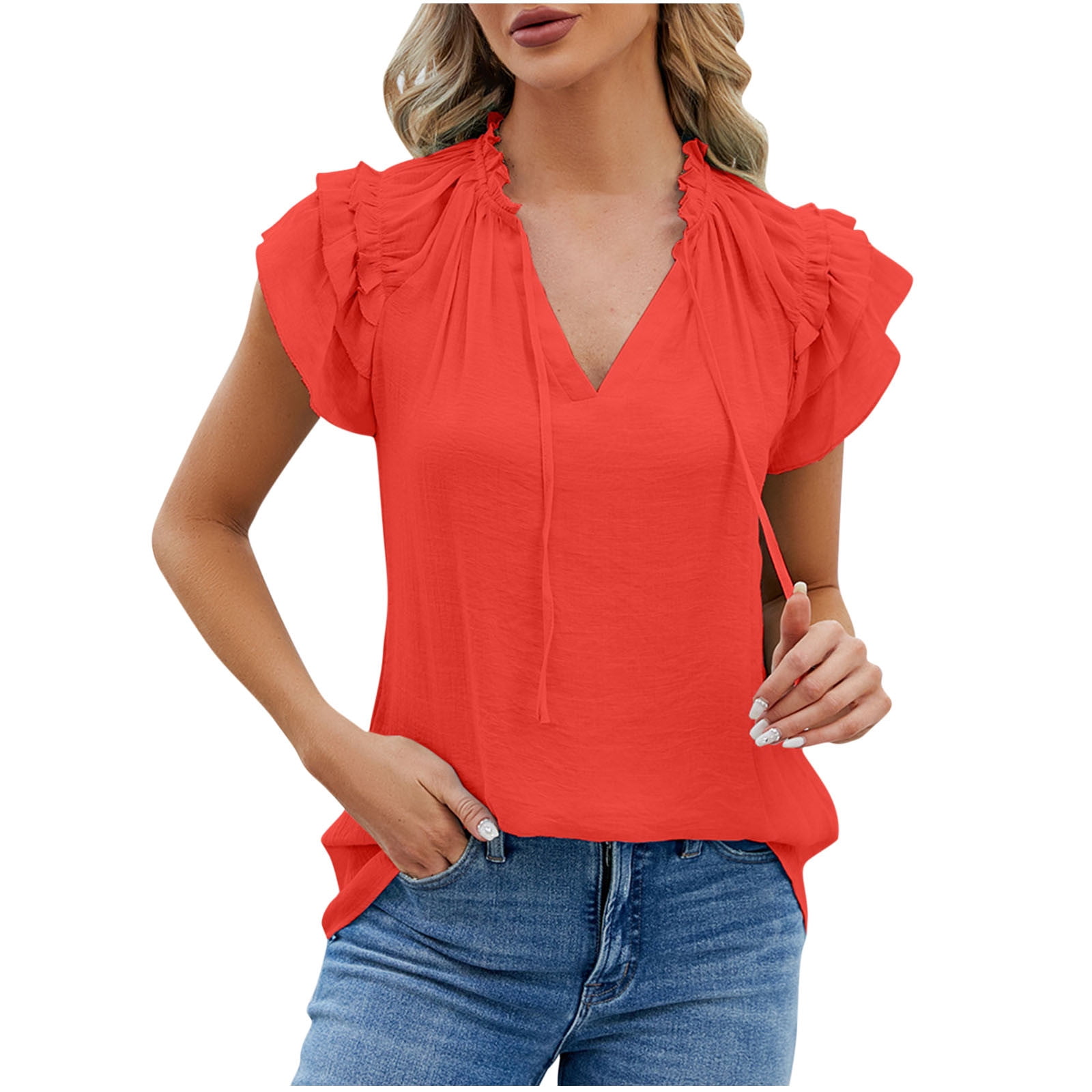 HAPIMO Women's Trendy Loose Tops Tunic Solid Color Summer Tees Ruffle ...