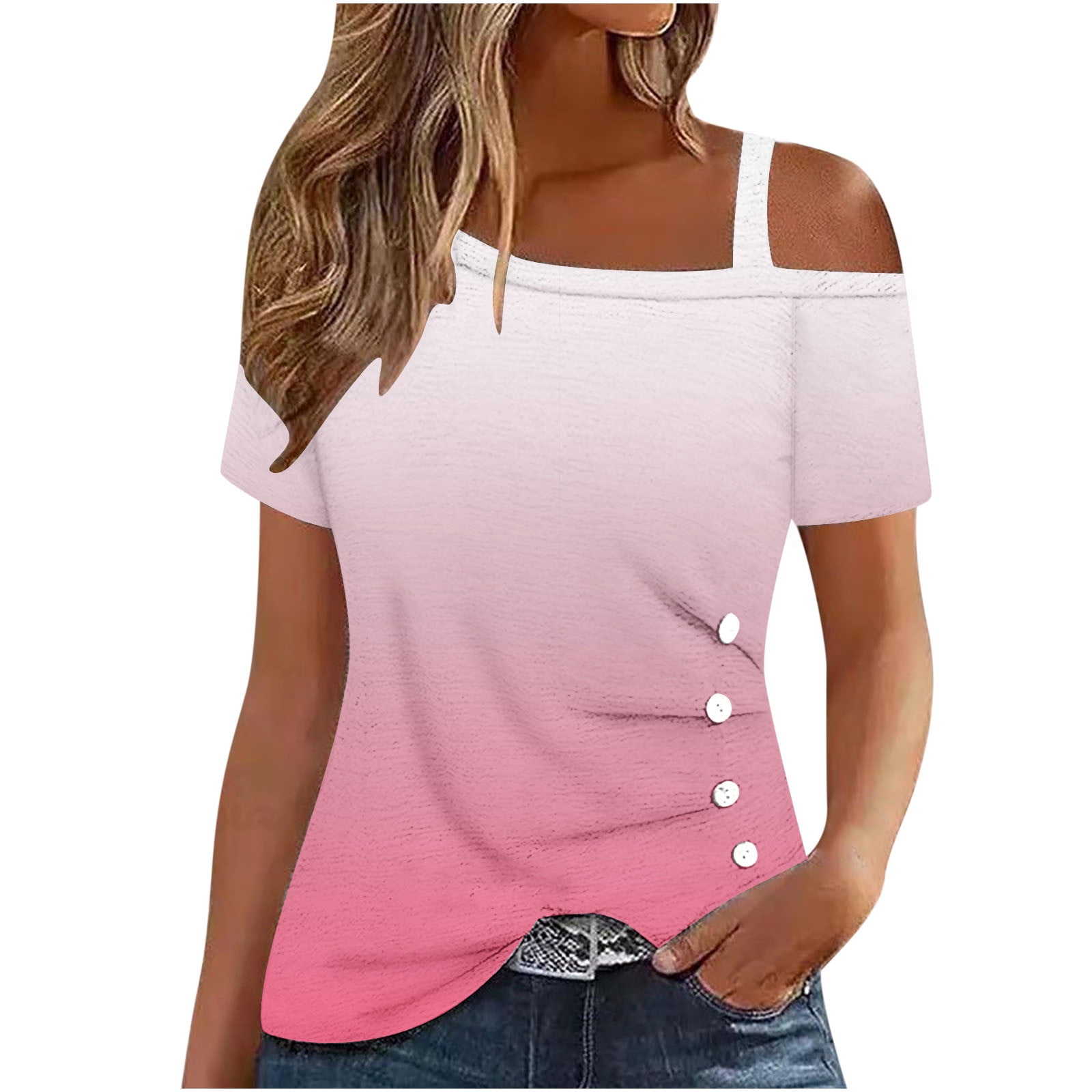 HAPIMO Women's Trendy Loose Tops Tunic Clearance for Teen Girls Cold Shoulder Pullover Gradient ...