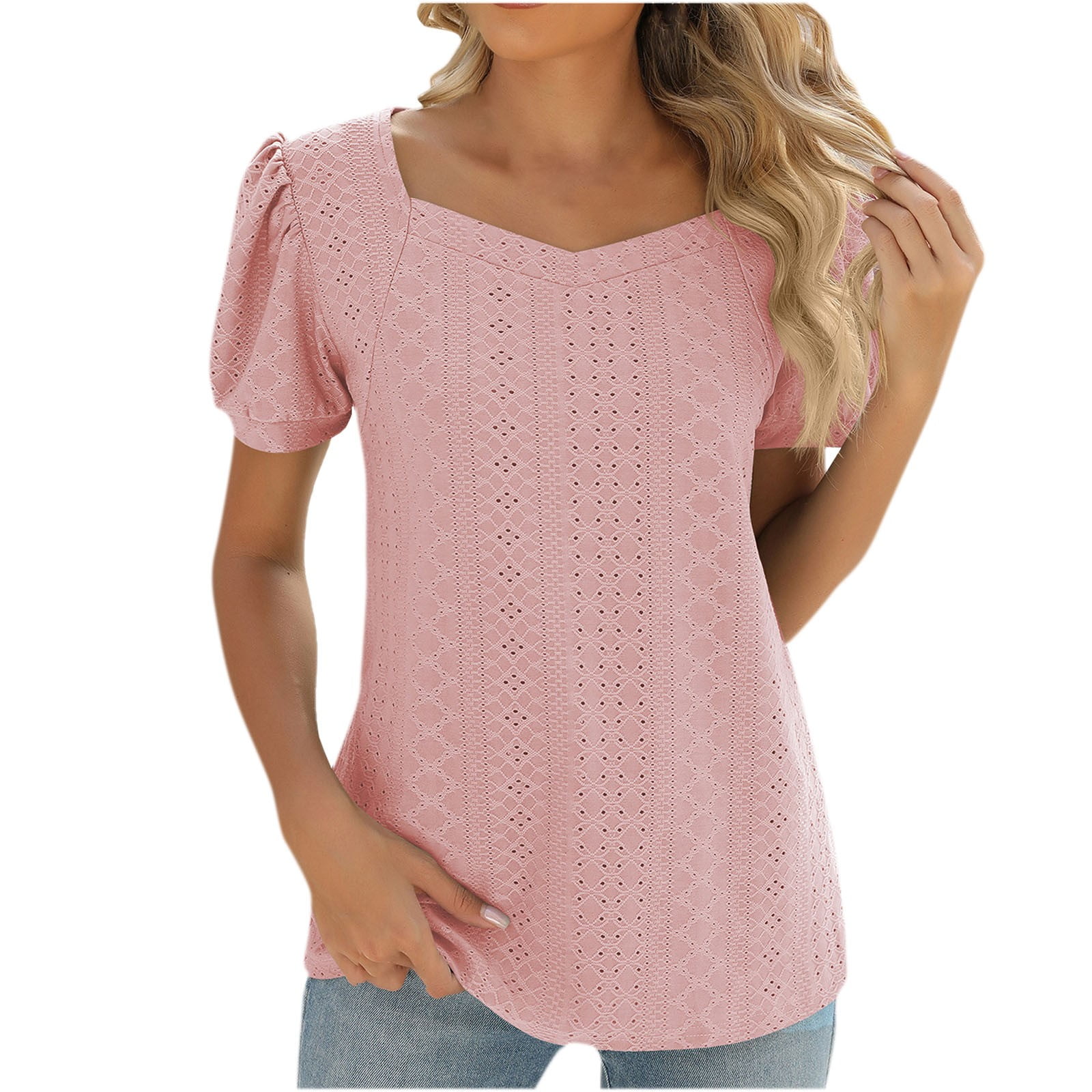 HAPIMO Womens Plus Size Tops Eyelet Embroidery Puff Sleeve Tee Crew ...