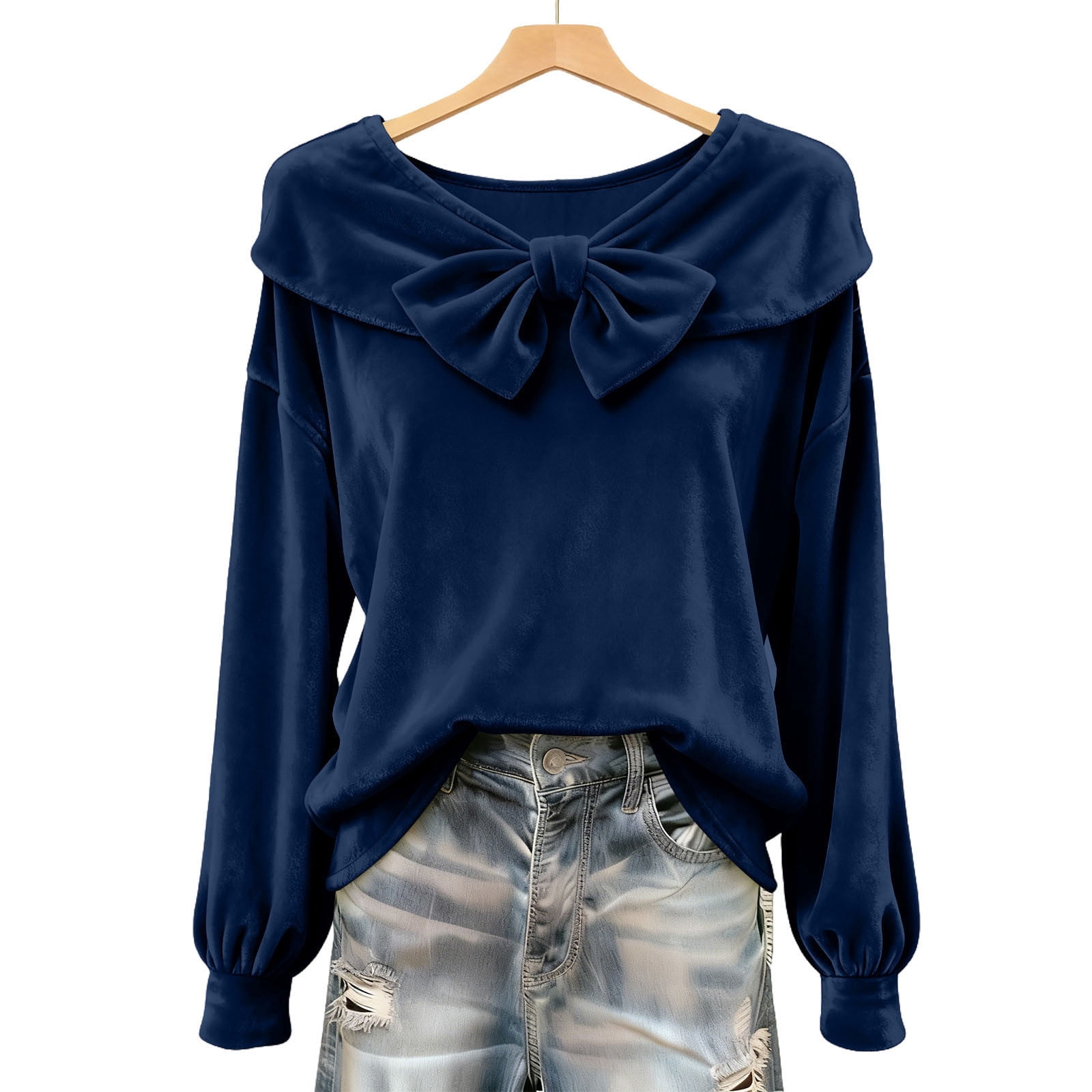 HAPIMO Womens Velvet Tops Puff Sleeve Bow Tie V Neck Shirts Trendy ...