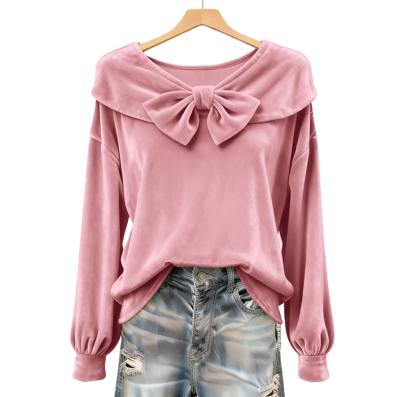 HAPIMO Womens Velvet Tops Puff Sleeve Bow Tie V Neck Shirts Trendy ...