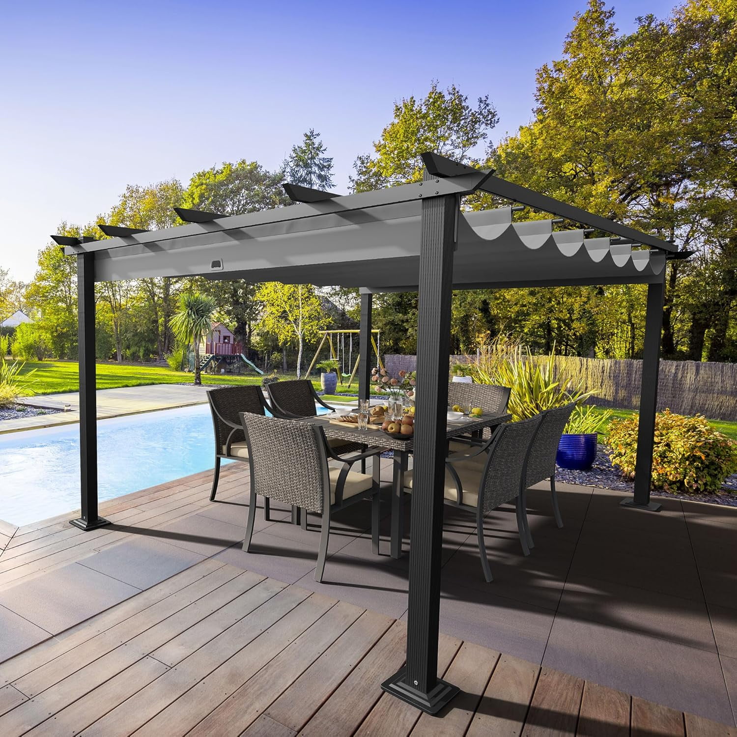 HAPPATIO 10'x13' Retractable Canopy Patio Pergola with Aluminum Frame ...
