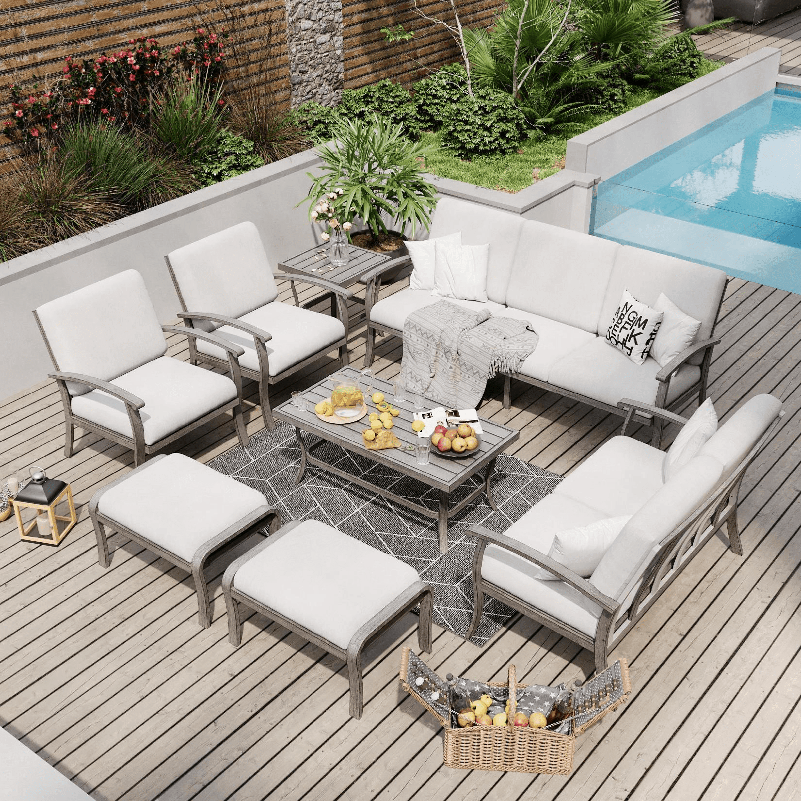 HAPPATIO 8 Piece Aluminum Patio Furniture Set, 3-Seat Outdoor Couch and ...