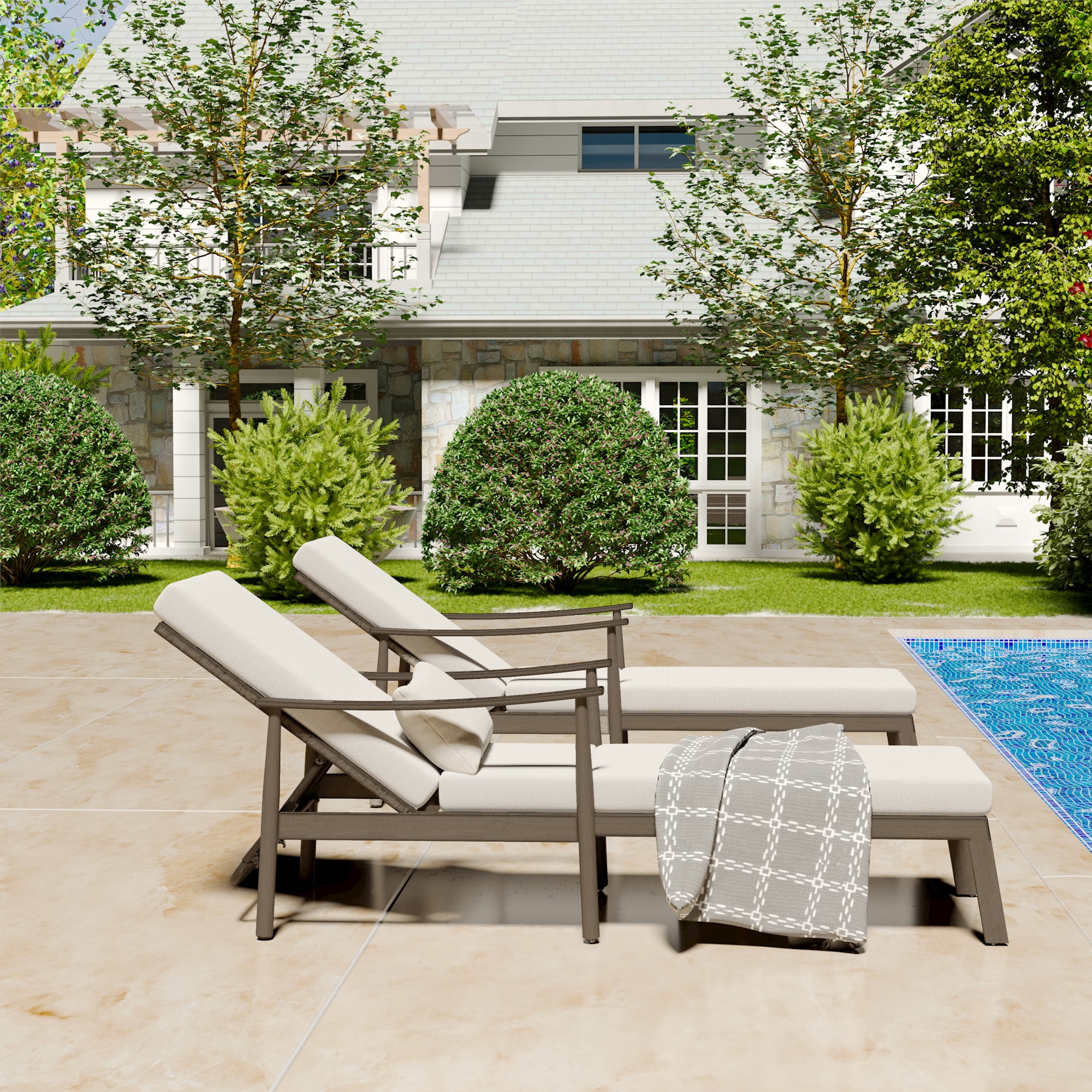 HAPPATIO Outdoor Chaise Lounge Chair Set of 2, Aluminum Pool Chair with ...