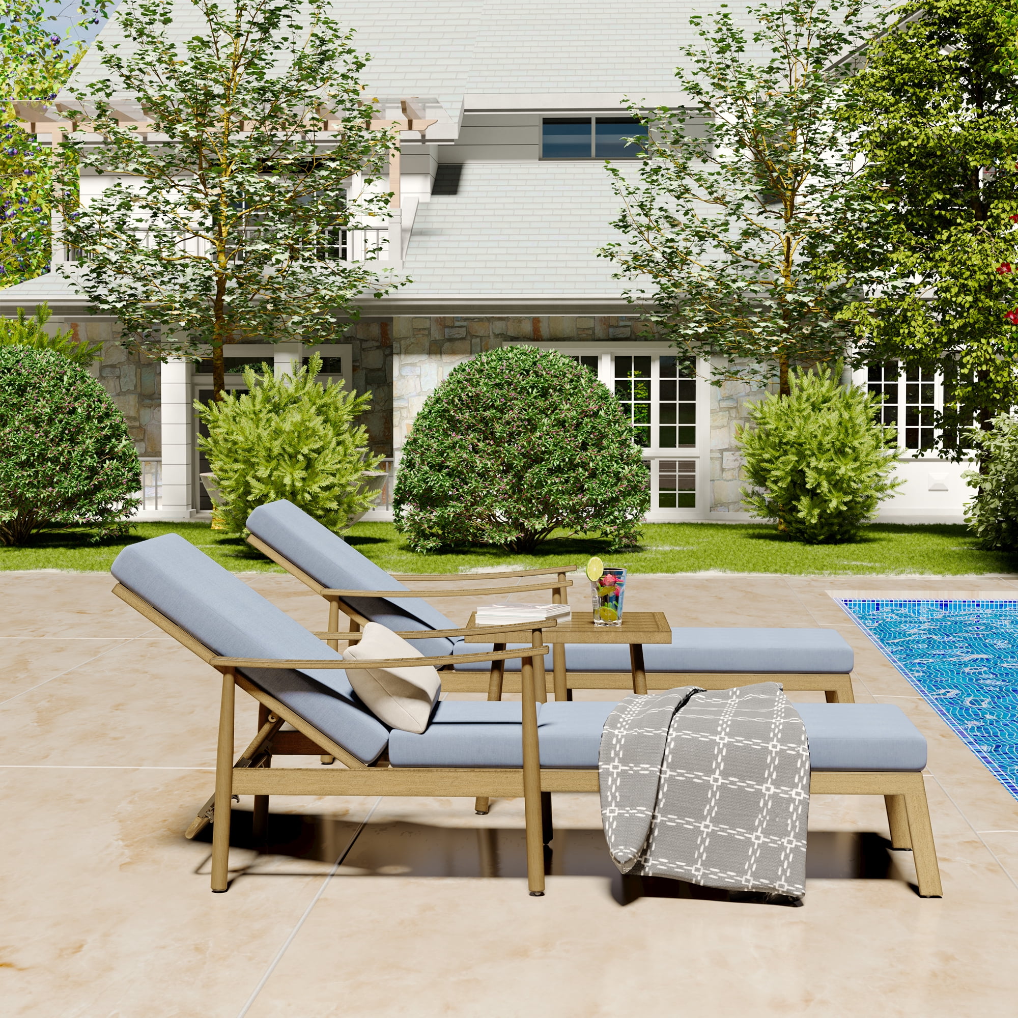 HAPPATIO Outdoor Chaise Lounge Chair Set of 3, Adjustable Aluminum Pool ...
