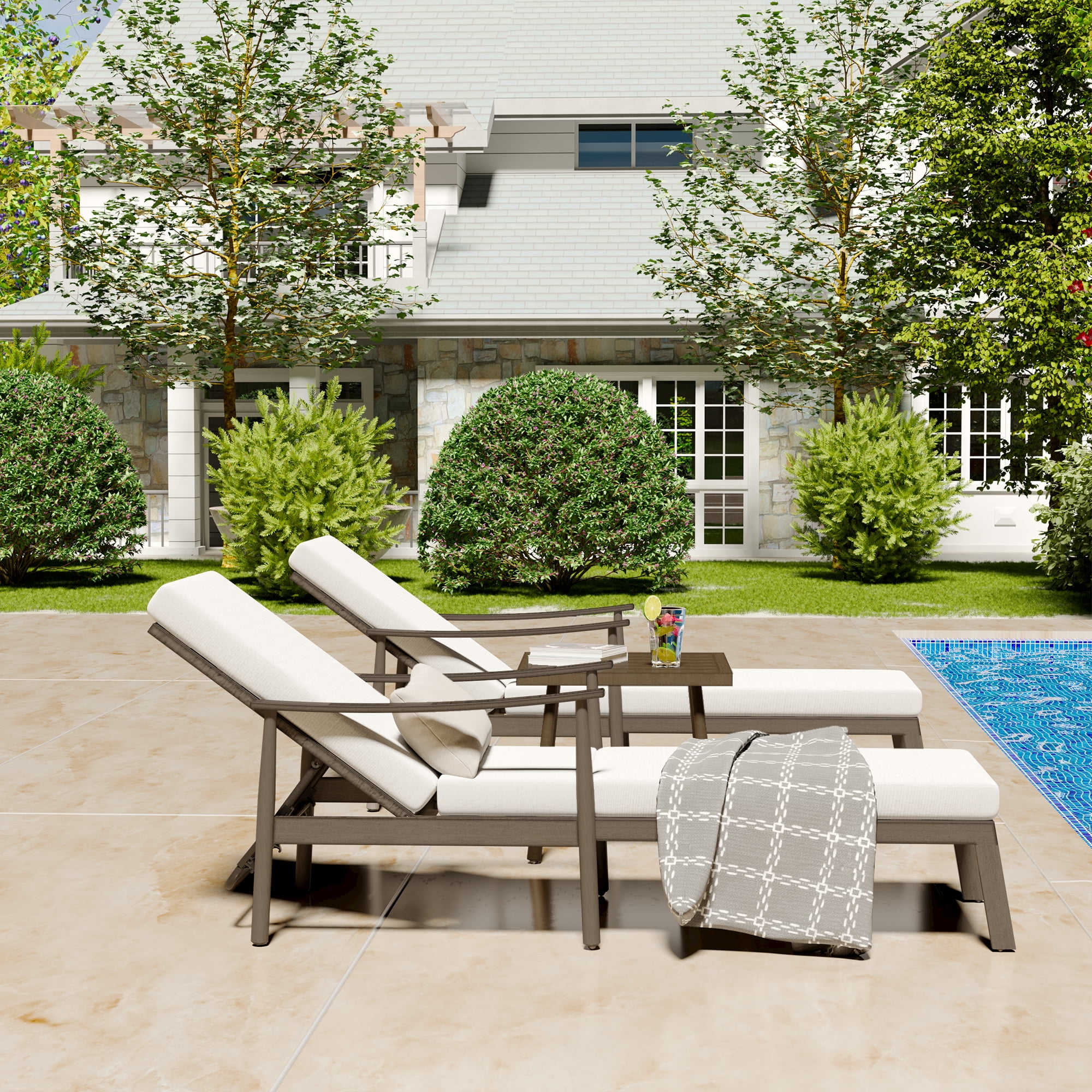 HAPPATIO Outdoor Chaise Lounge Chair Set of 3, Adjustable Aluminum Pool ...