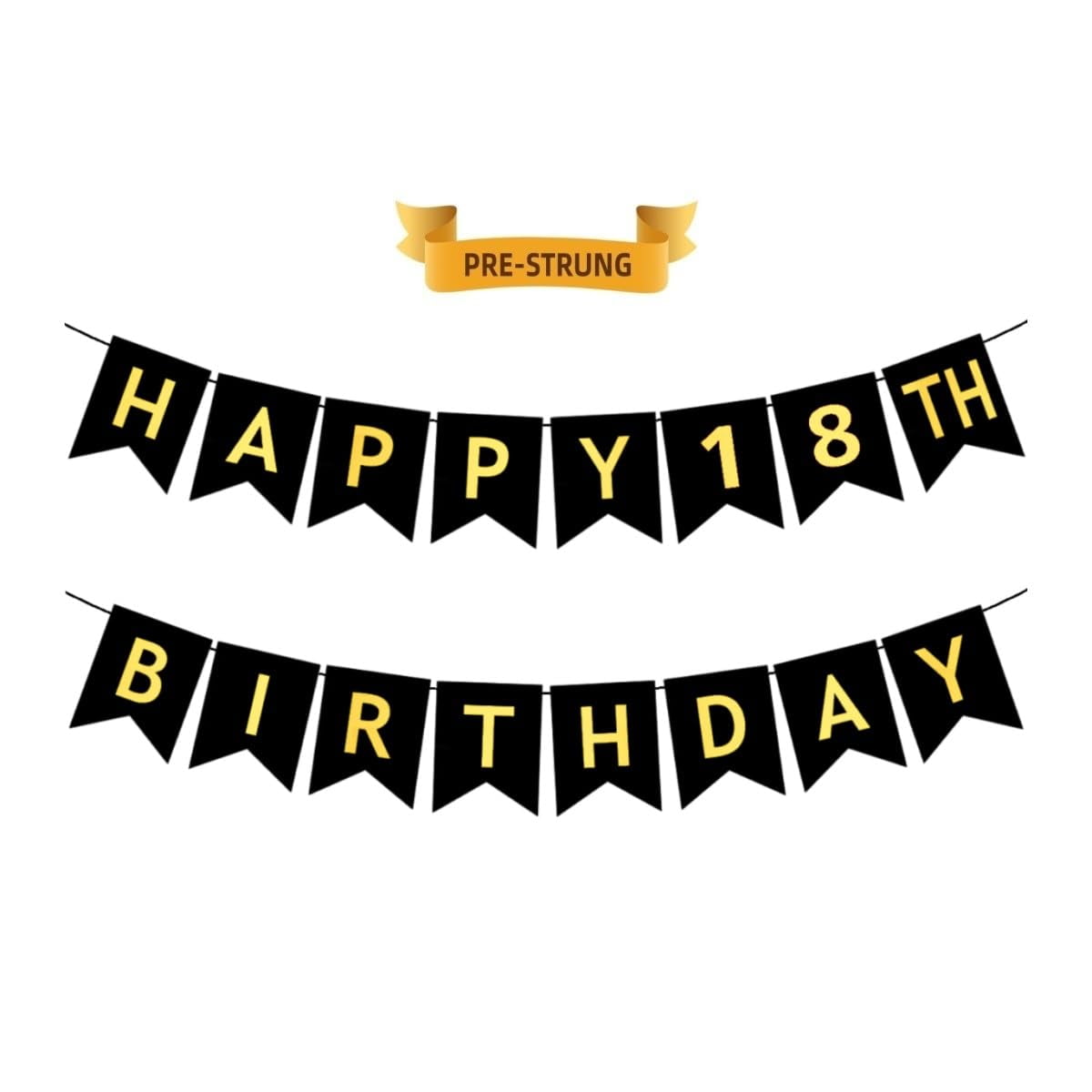 HAPPY 18TH BIRTHDAY Banner, Pre-Strung, Black KKS1 Gold 18th Birthday ...