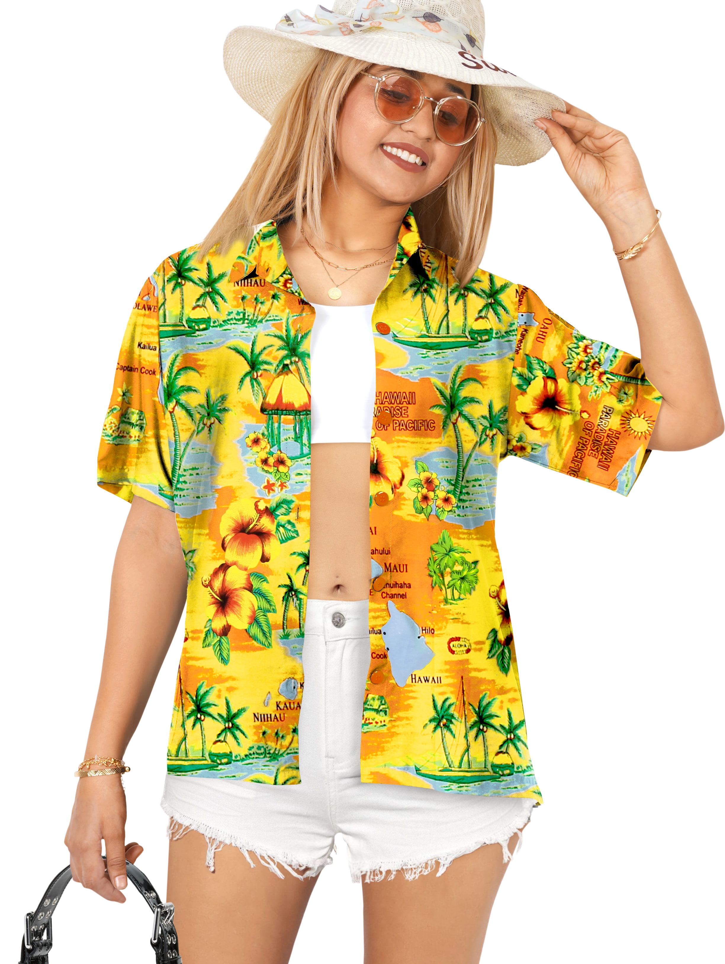 HAPPY BAY Hawaiian Shirts Womens Casual Summer Beach Party Blouse Shirt ...
