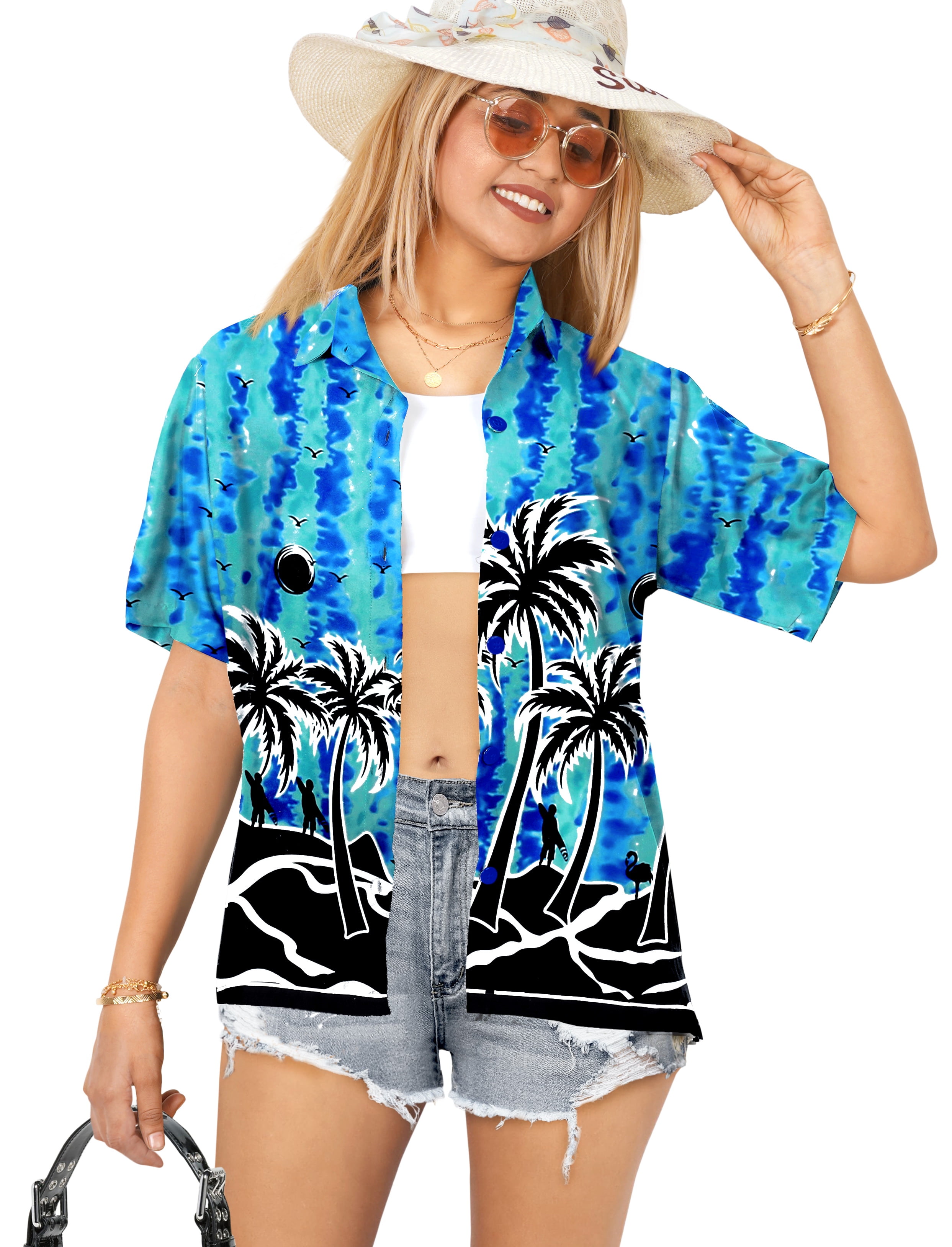 HAPPY BAY Hawaiian Shirts Womens Casual Summer Beach Party Blouse Shirt ...