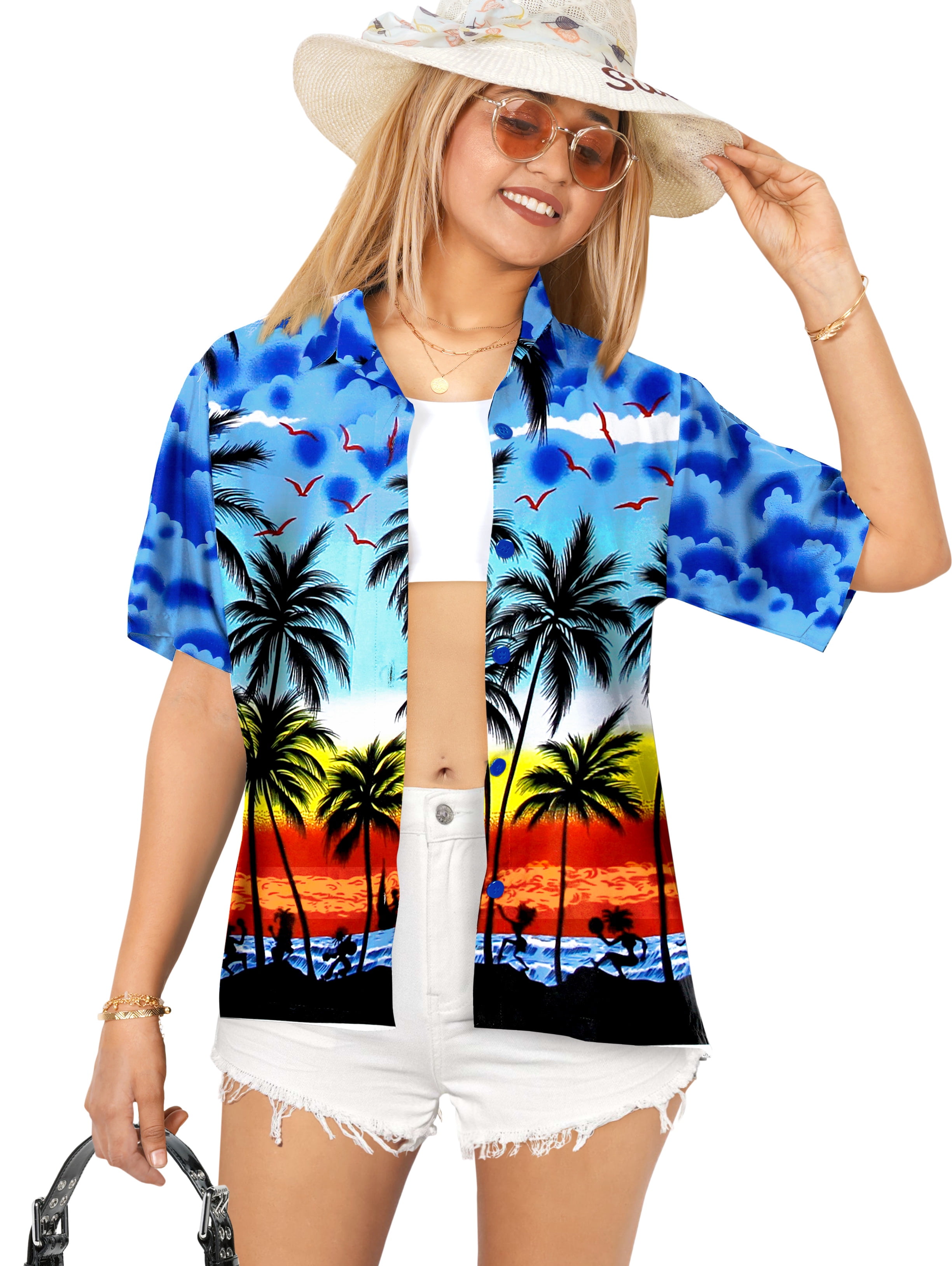 HAPPY BAY Hawaiian Shirts Womens Casual Summer Beach Party Short Sleeve ...