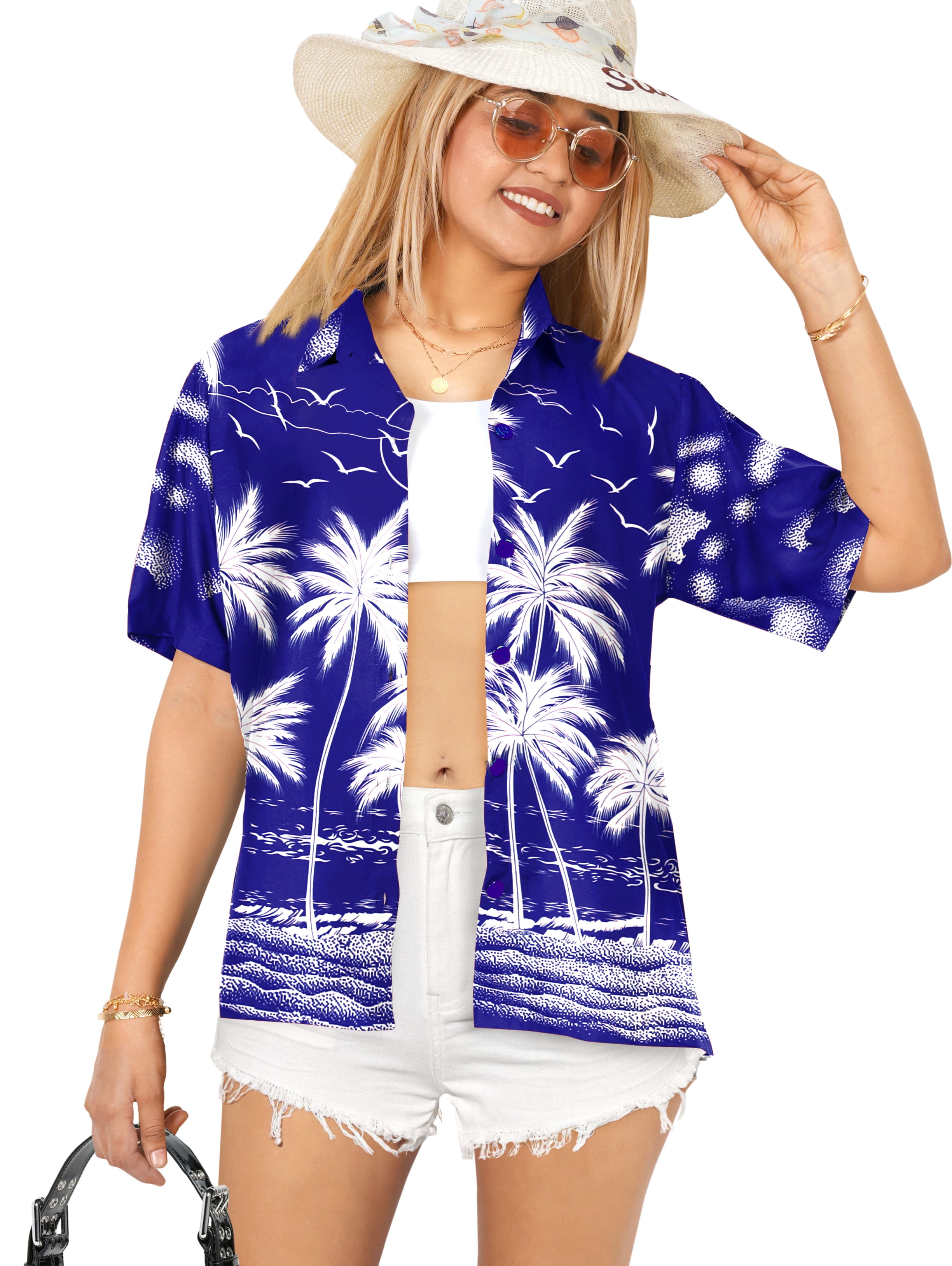 HAPPY BAY Hawaiian Shirts Womens Casual Tops Summer Button Down Beach ...