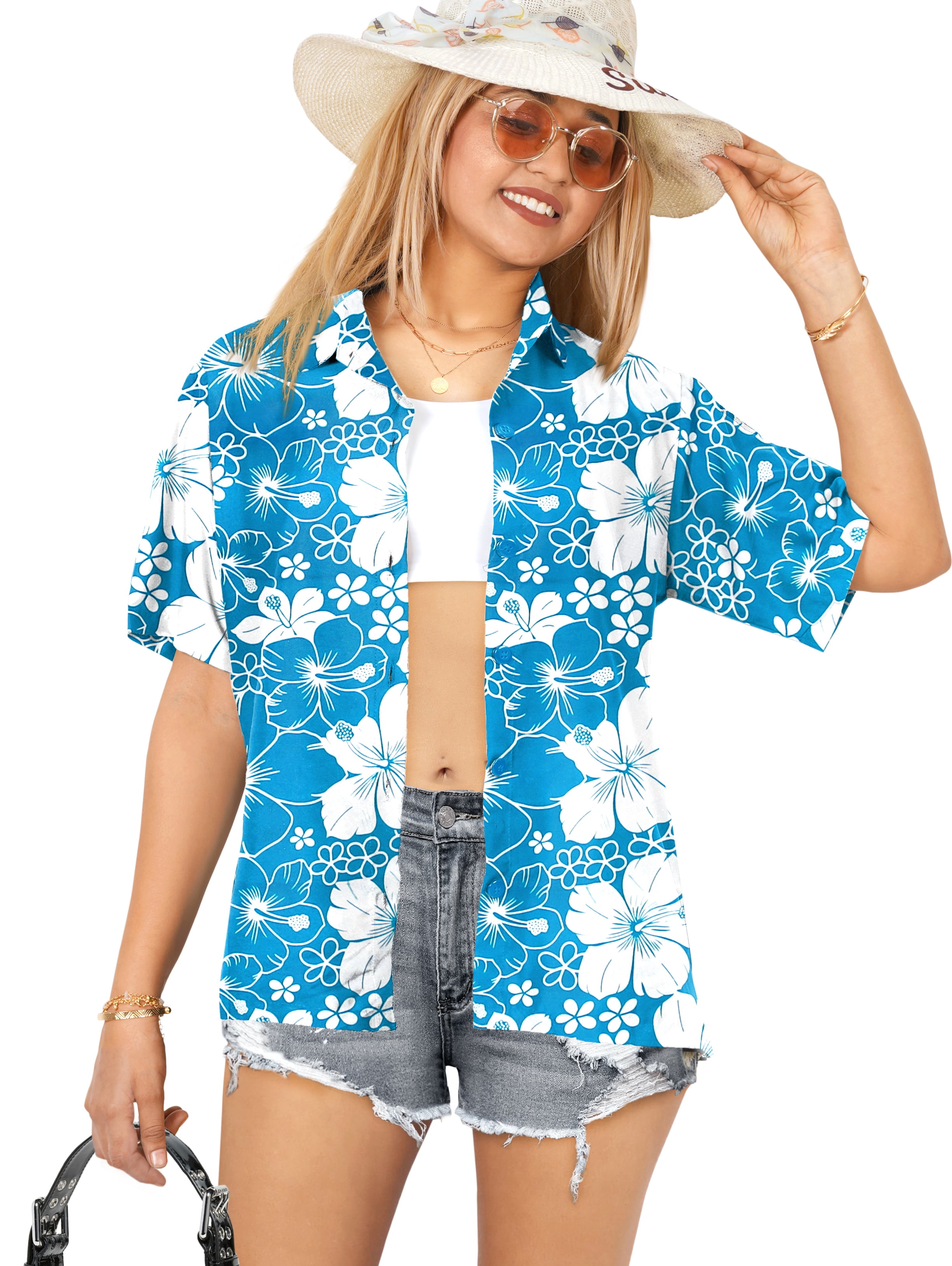 HAPPY BAY Hawaiian Shirts Womens Floral Summer Beach Party Blouse Shirt ...