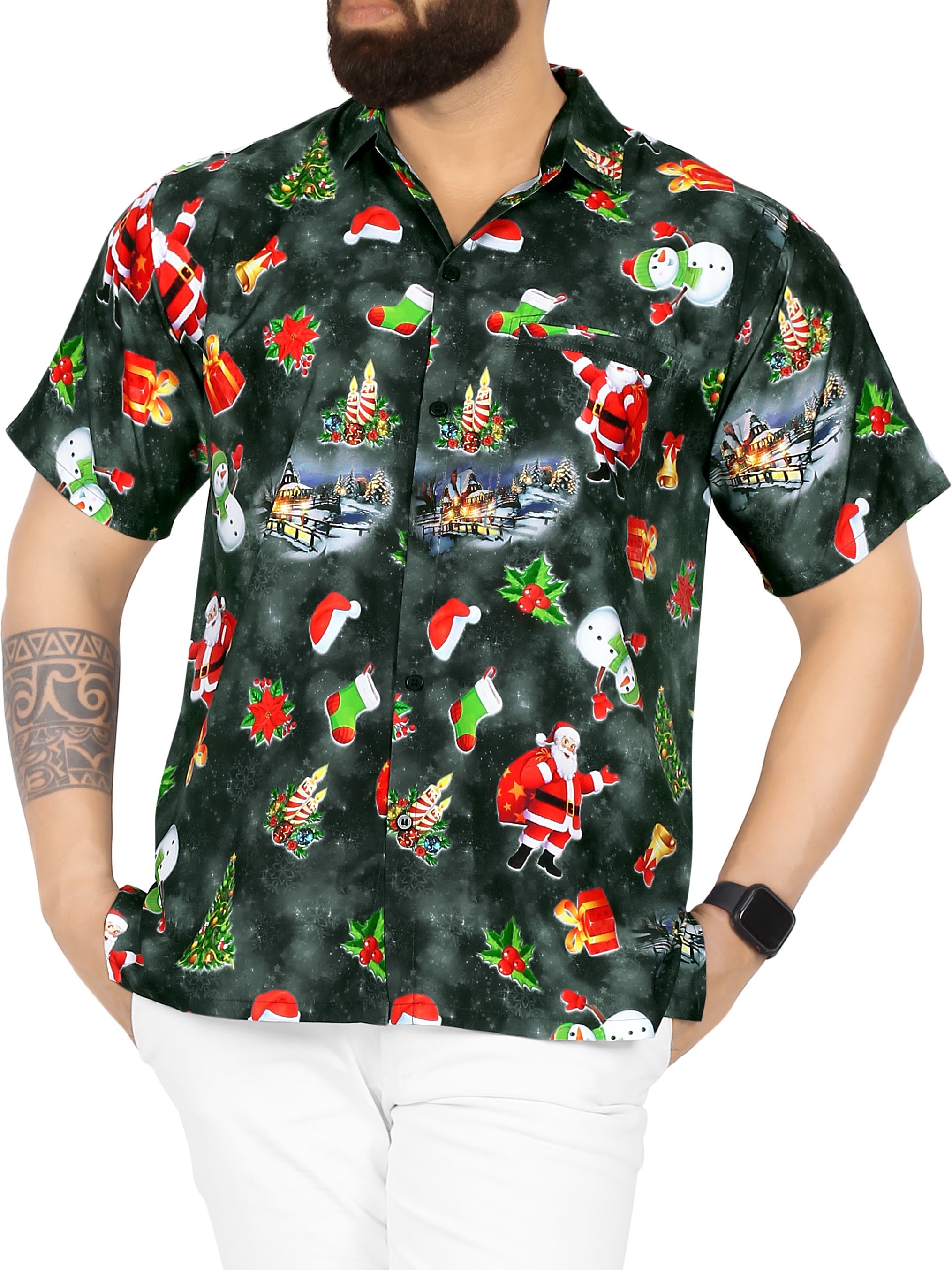 HAPPY BAY Men's Beach Button Down Funky Santa Claus Party Dress Shirt ...