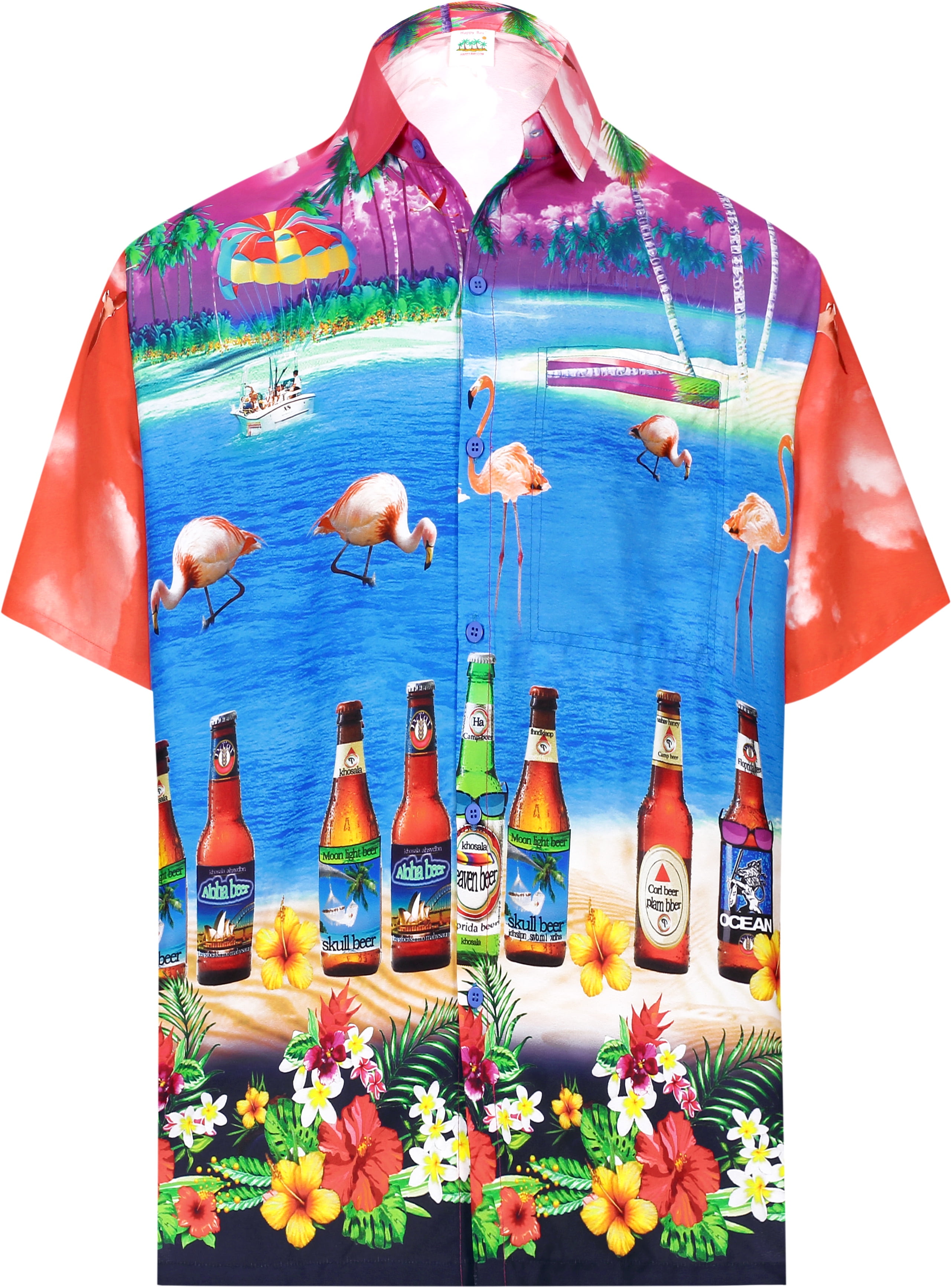 HAPPY BAY Men's Hawaiian Shirt Tropical Flamingo Beach Shirts Casual ...