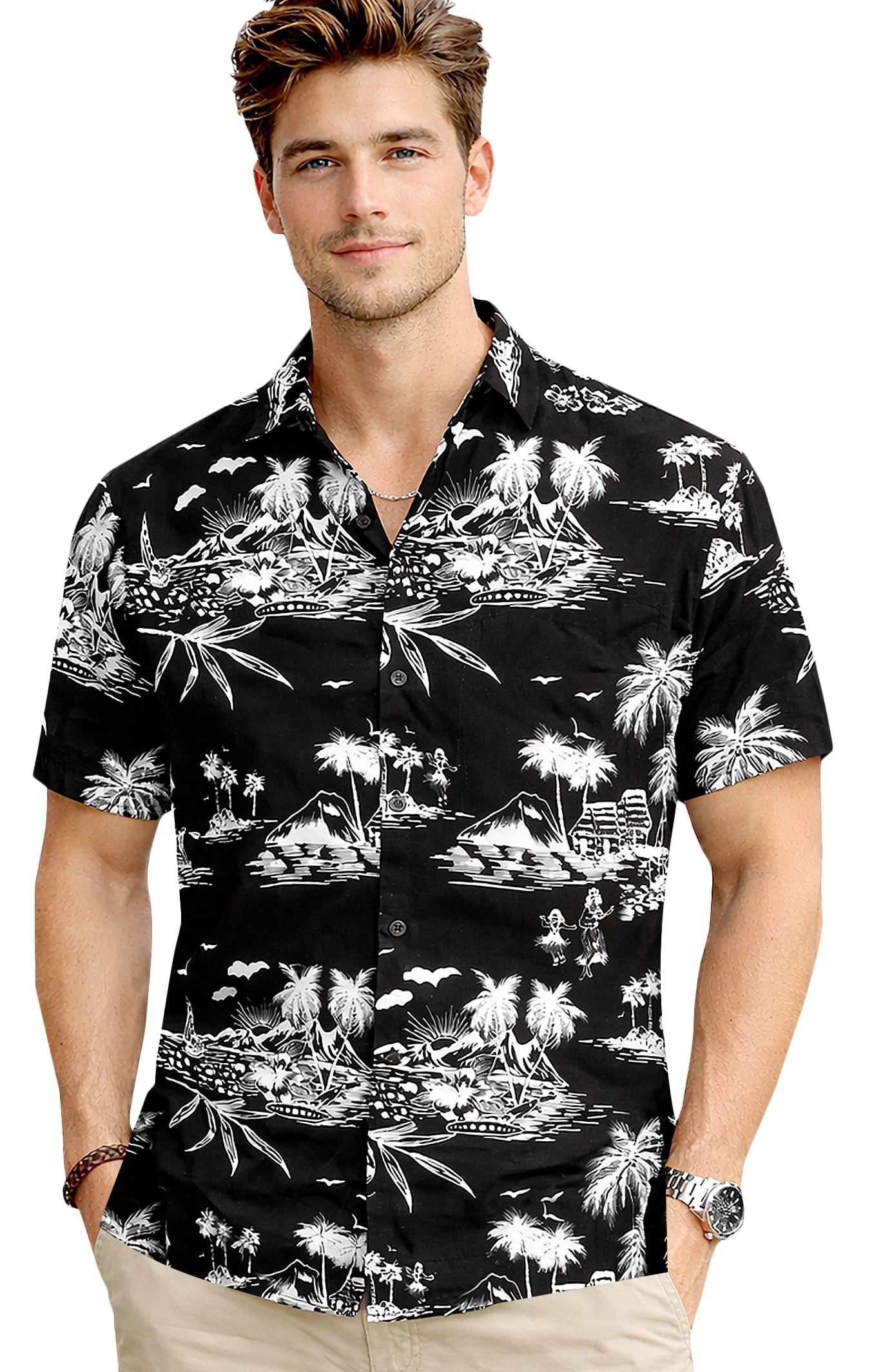 HAPPY BAY Men's Hawaiian Shirts, Tropical Prints, Short Sleeve, Button ...