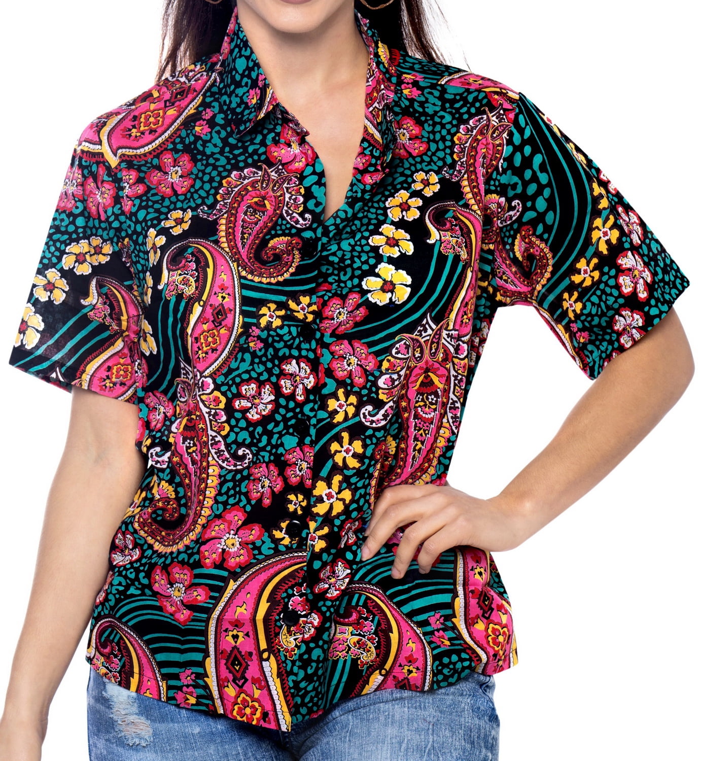 HAPPY BAY Women's Button Down Short-Sleeve Blouses Beach Hawaiian Shirt ...