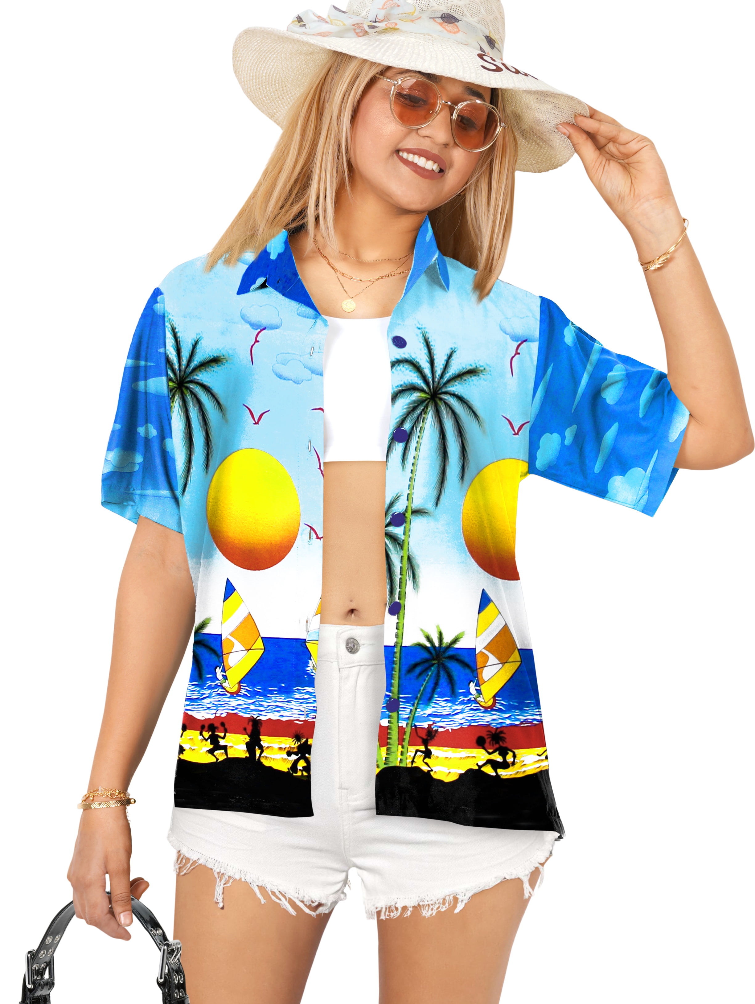 HAPPY BAY Women's Casual Beach Hawaiian Short Sleeve Blouse Shirt Cute ...