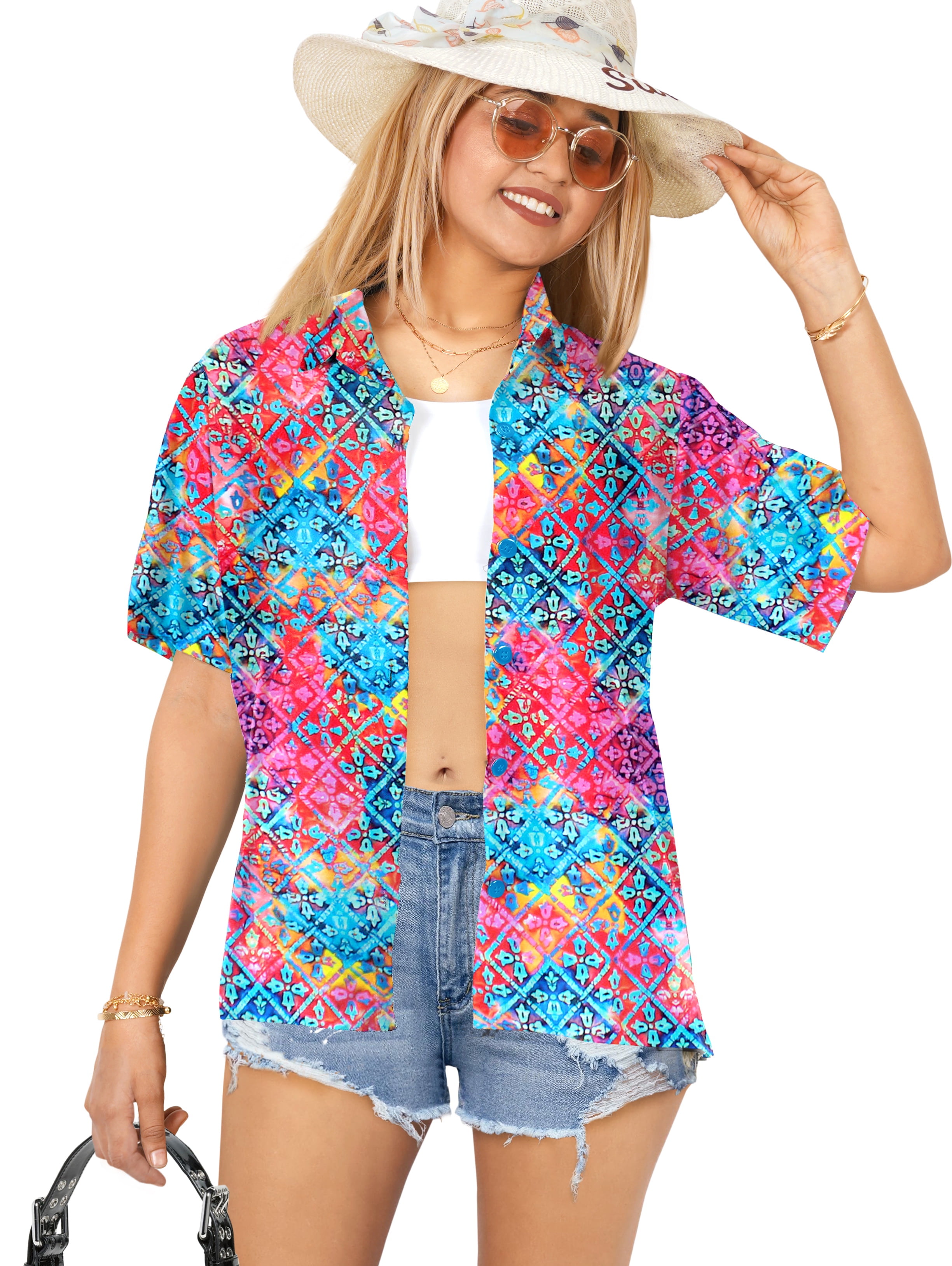 HAPPY BAY Women's Floral Beach Hawaiian Shirt Summer Blouse Short ...