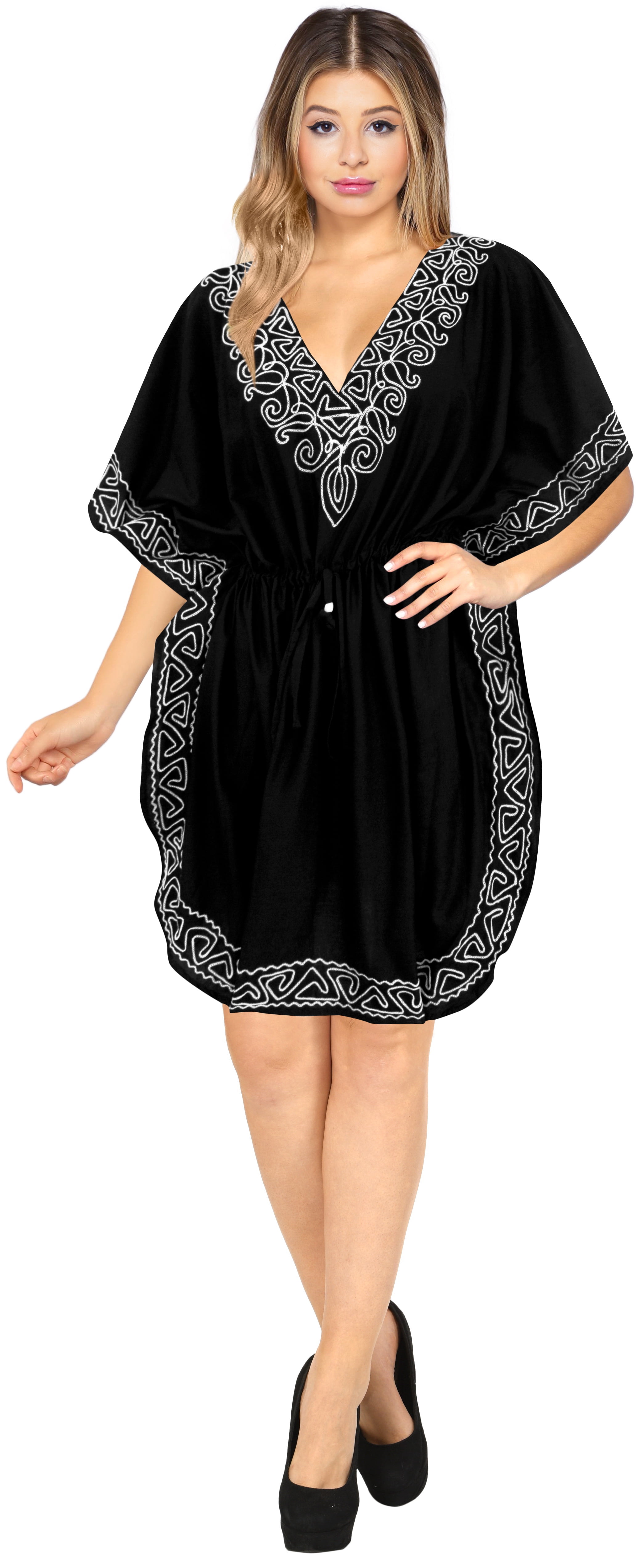 HAPPY BAY Women's Loose Caftan Short Loungewear Tunics 2X-3X Jet Black ...