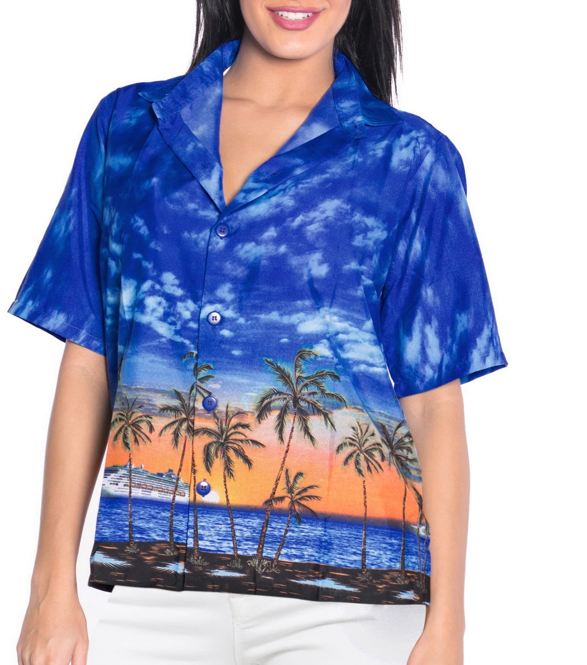 HAPPY BAY Women's Short Sleeve Tops Hawaiian Overshirt XL Cobalt ...