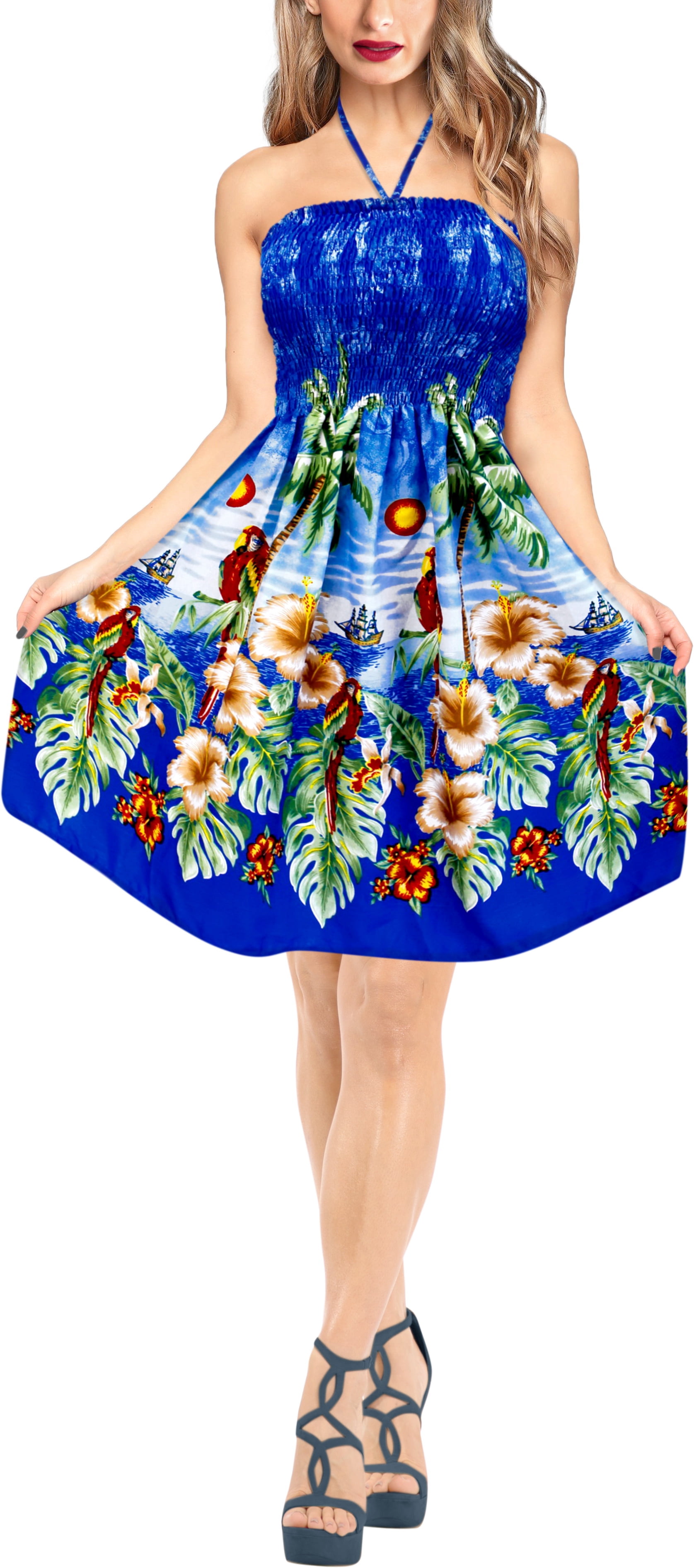 HAPPY BAY Women's Summer Boho Beach Halter Smocked Mini Flowy Dress ...