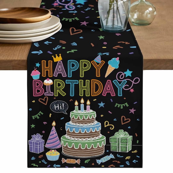 HAPPY BIRTHDAY Table Runner 120 Inches, Cartoon Cakes Candles Lines ...