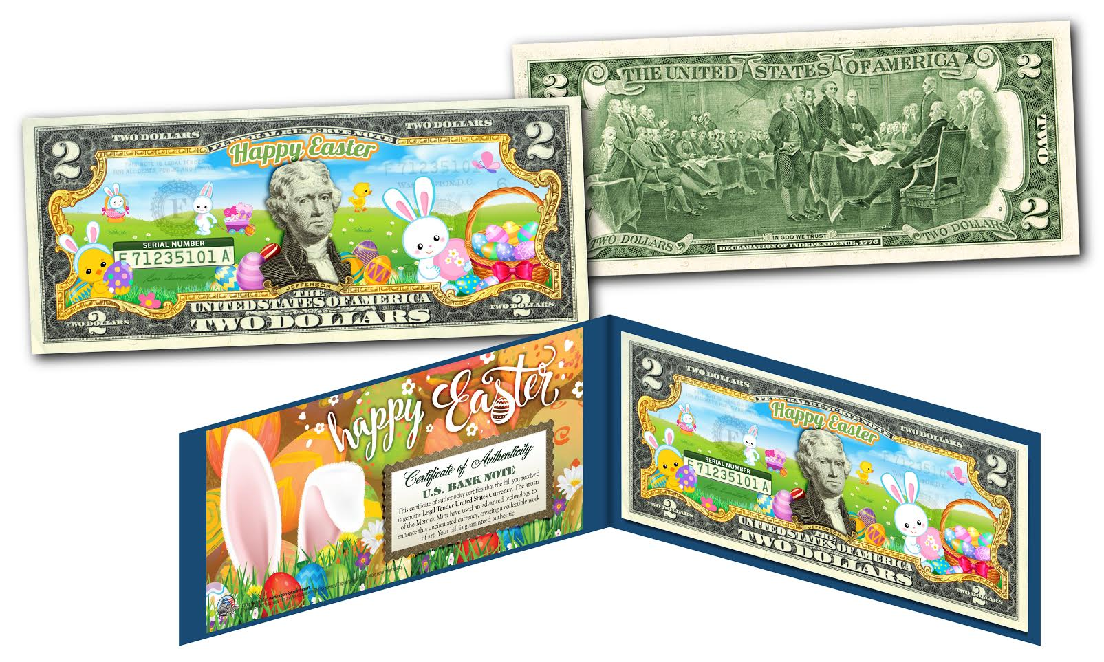 HAPPY EASTER Cartoon Bunnies & Eggs Basket Genuine Legal Tender U.S. $2 ...