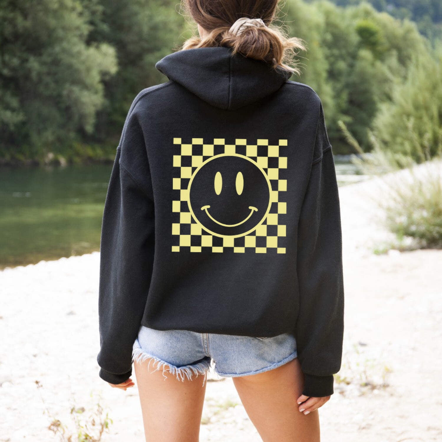 HAPPY SMILEY FACE Front Back Graphic Unisex Fleece Hooded Sweatshirt ...