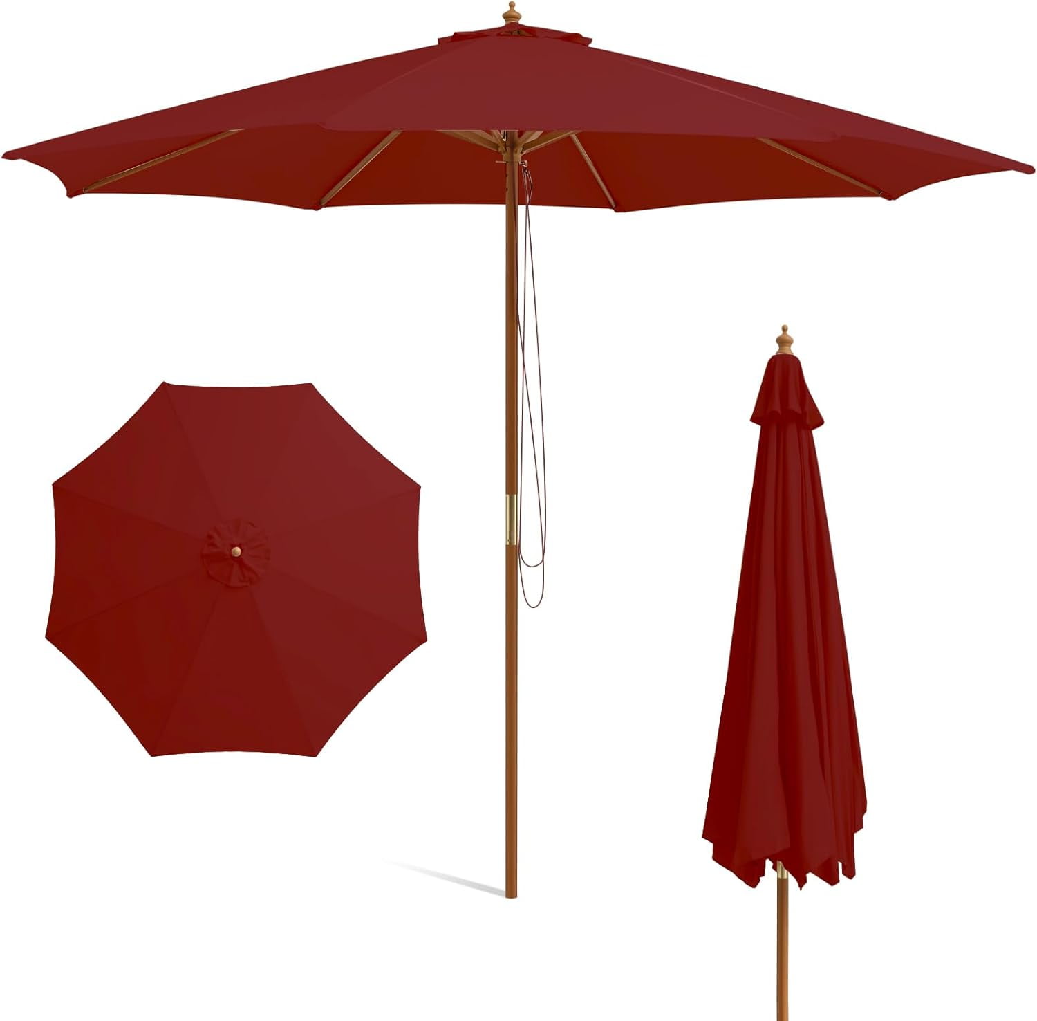 HAPPYGRILL 10 FT Wooden Patio Umbrella with Rope Pulley Lift, 8 Bamboo ...