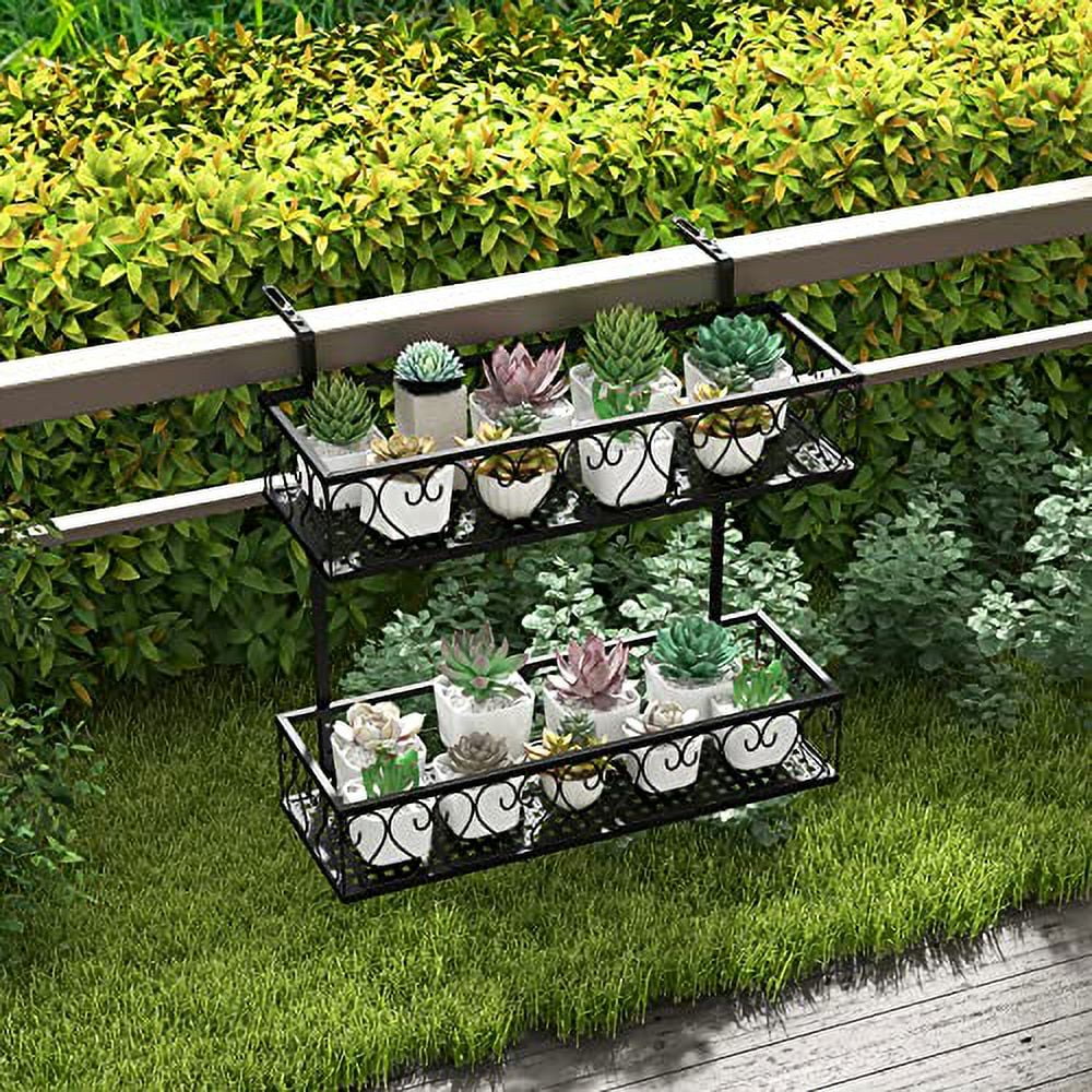HAPPYGRILL 2-Tier Flower Pot Holder, Hanging Railing Flower Rack with ...