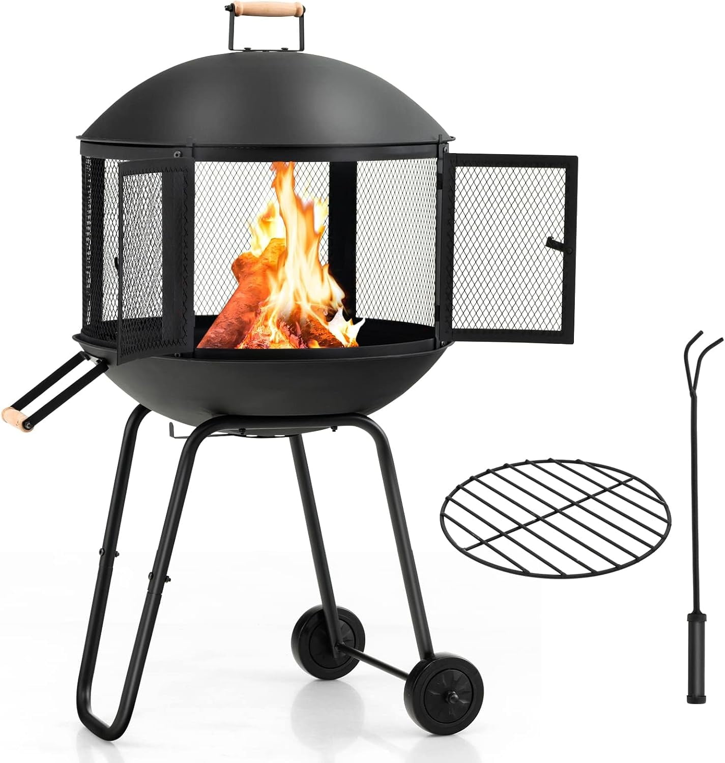 HAPPYGRILL 28” Outdoor Fire Pit, Rolling Patio Wood Burning Firepit ...