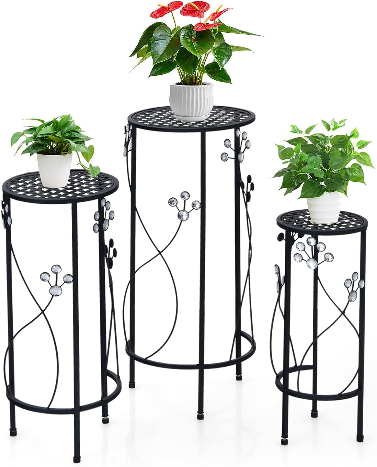 HAPPYGRILL 3 Packs Metal Stand Round Display Shelf with Vines & Crystal ...